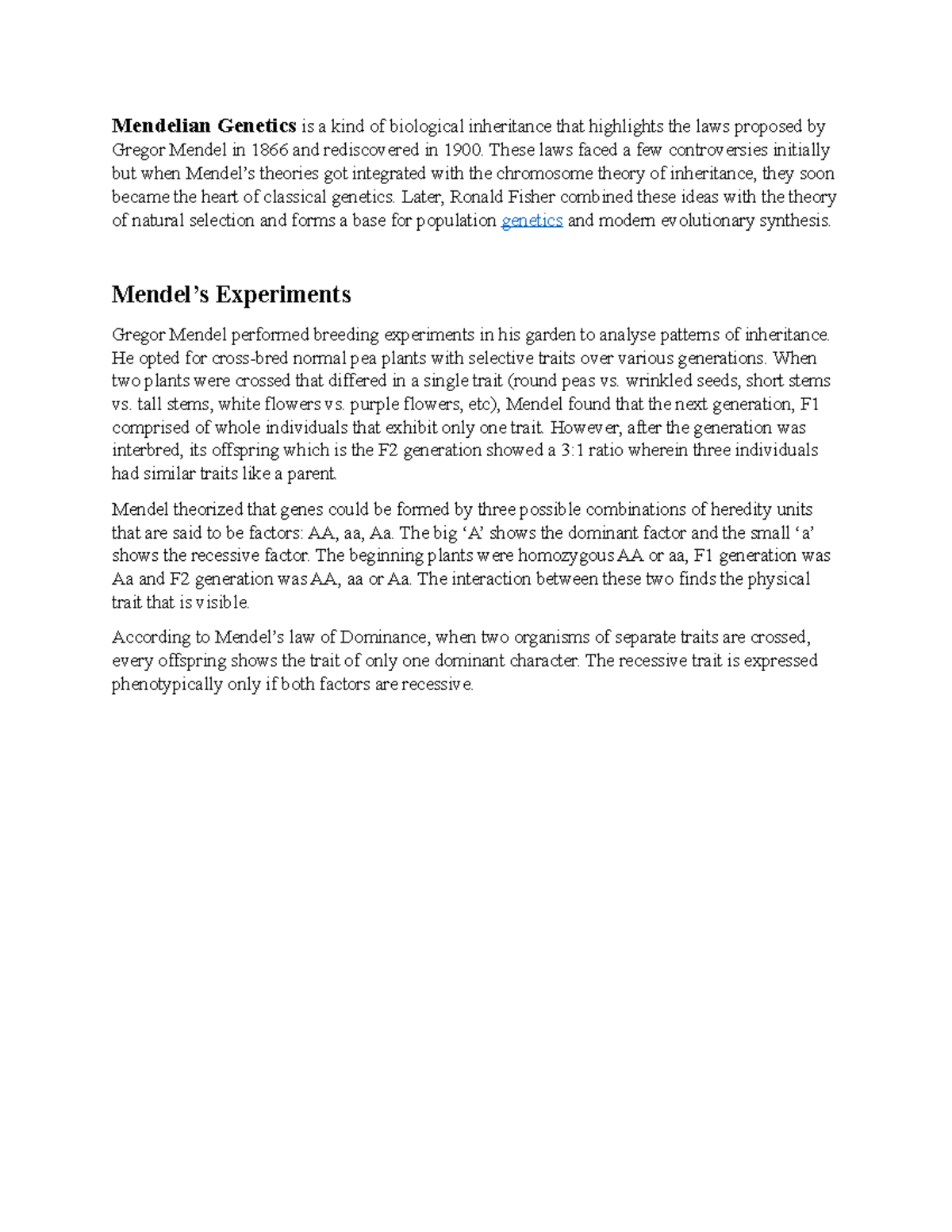 Mendel's Genetics - NOTES - Mendelian Genetics is a kind of biological ...