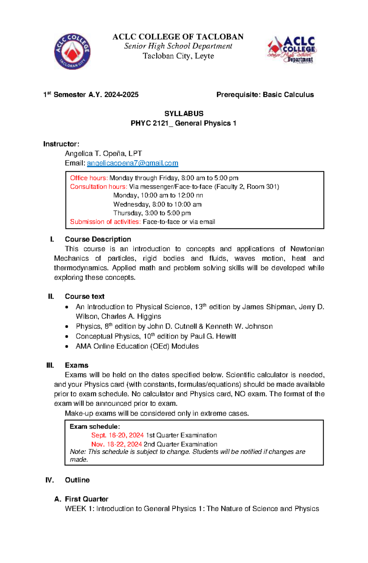 General Physics 1 Syllabus - Office hours: Monday through Friday, 8:00 ...