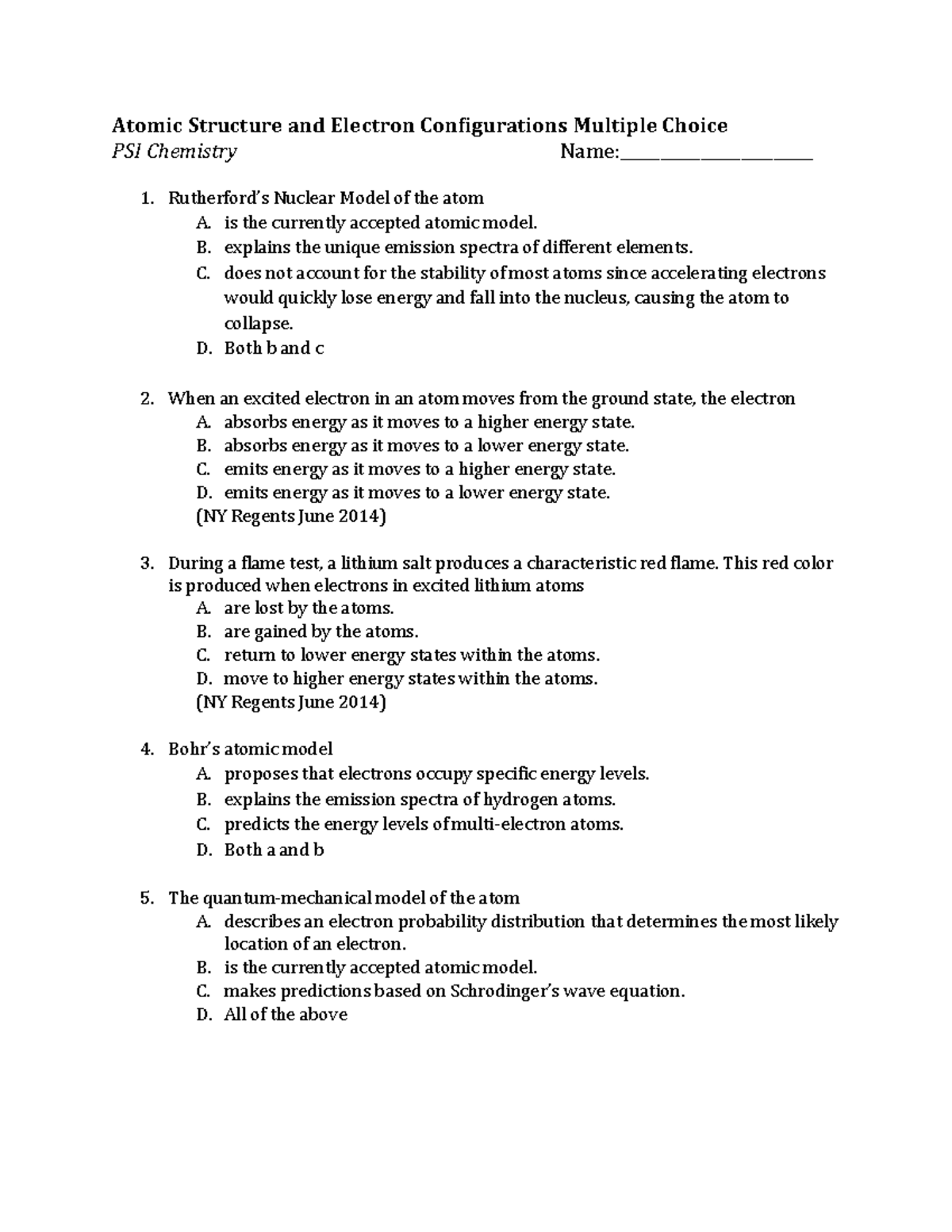 Atomic structure and electron configurations multiple choice review ...