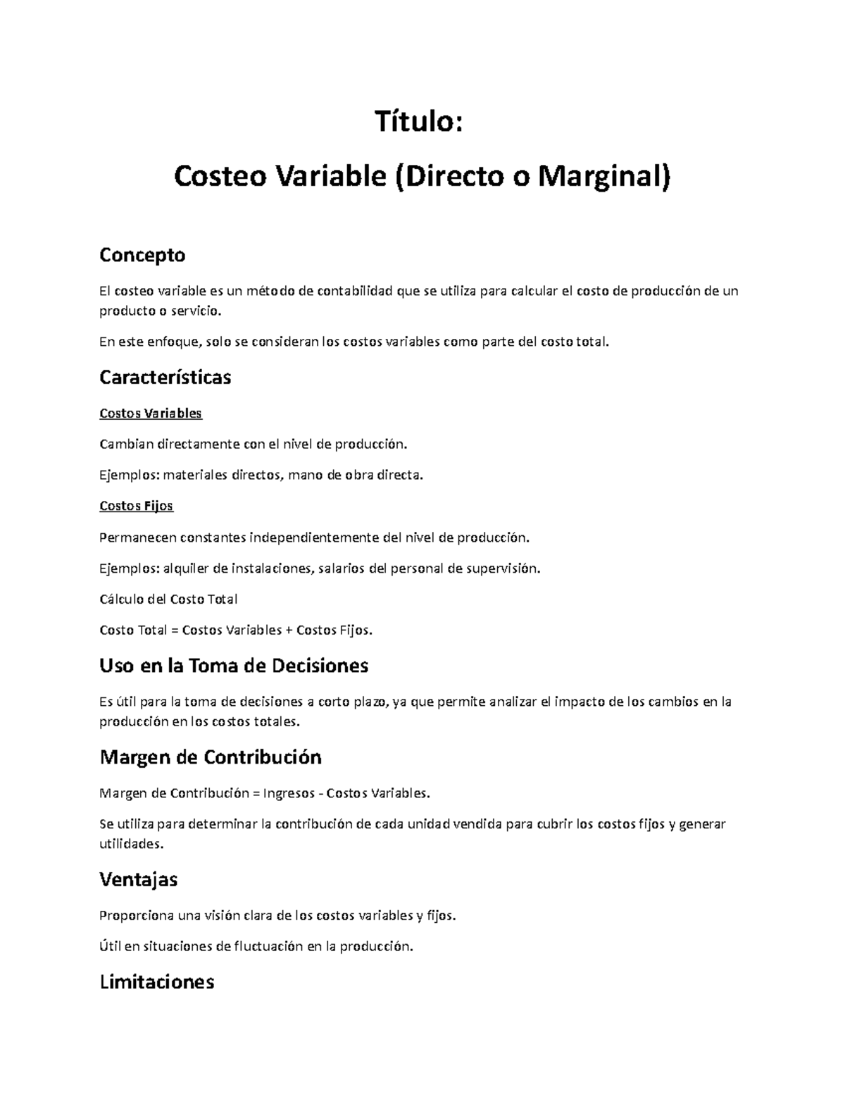 Costeo Variable Y Sistemas DE Costeo - Título: Costeo Variable (Directo ...