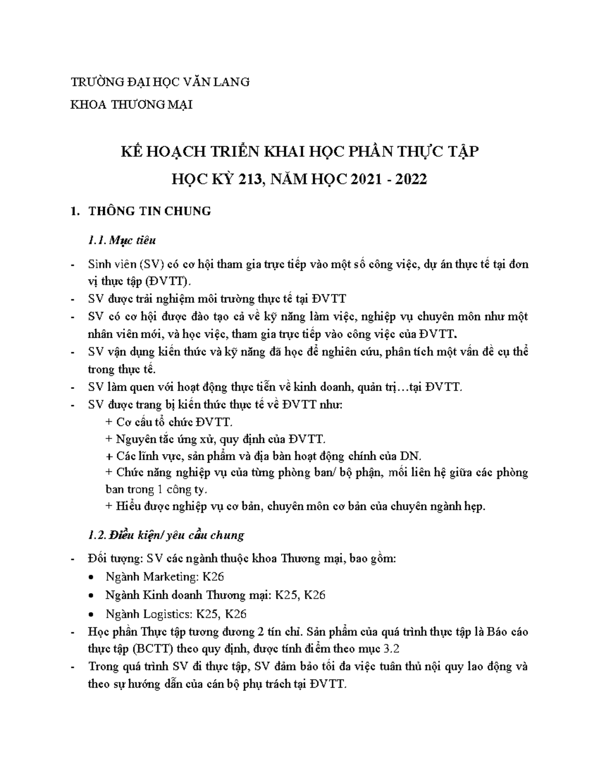 TT1 KTM Kế hoạch triển khai học phần thực tập HK213 - TRƯỜNG ĐẠI HỌC VĂN LANG KHOA THƯƠNG MẠI KẾ ...