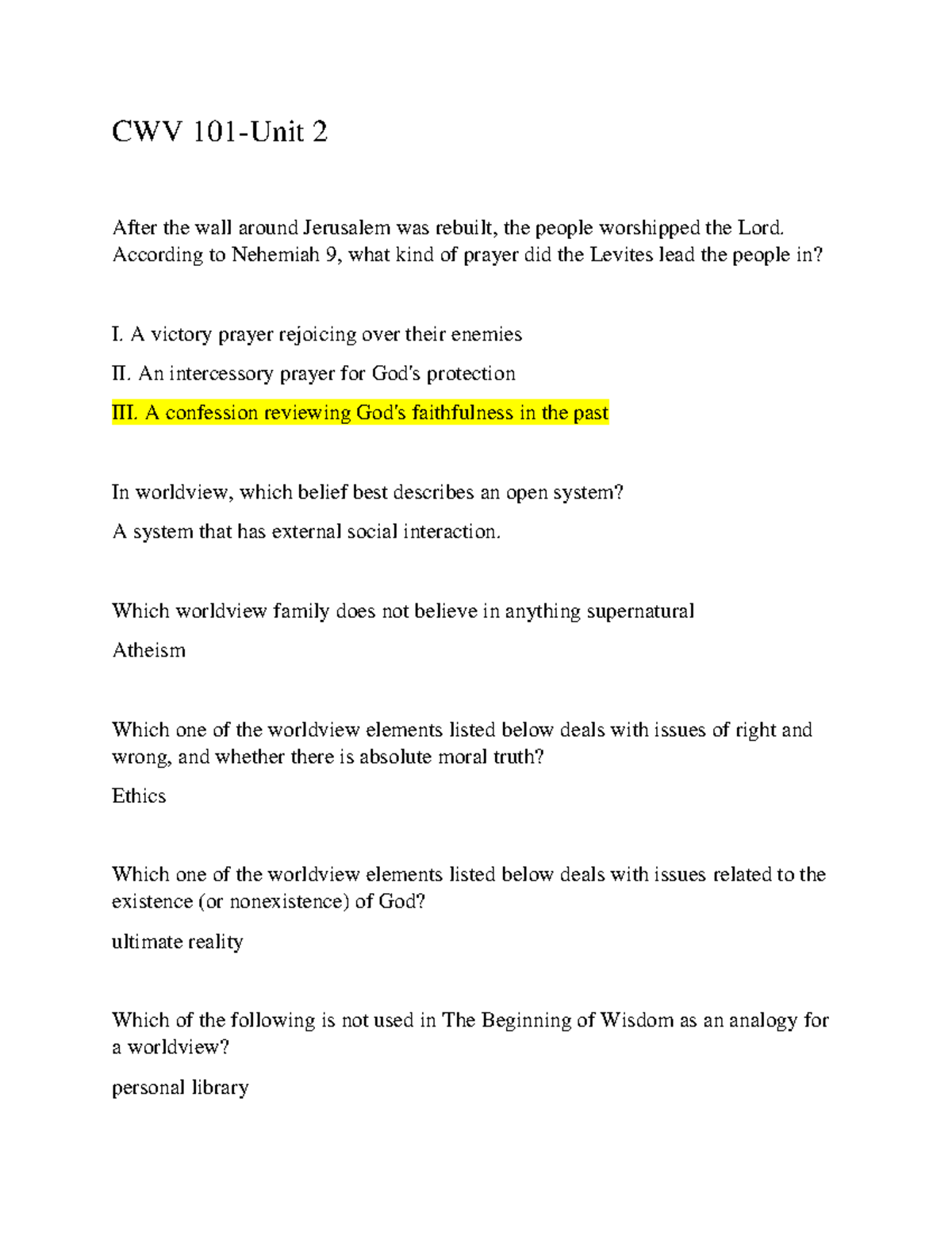 CWV 101 Unit 2 Quiz - UNIT 2 QUIZ (PROFESSOR DEEPAK) - CWV 101-Unit 2 ...