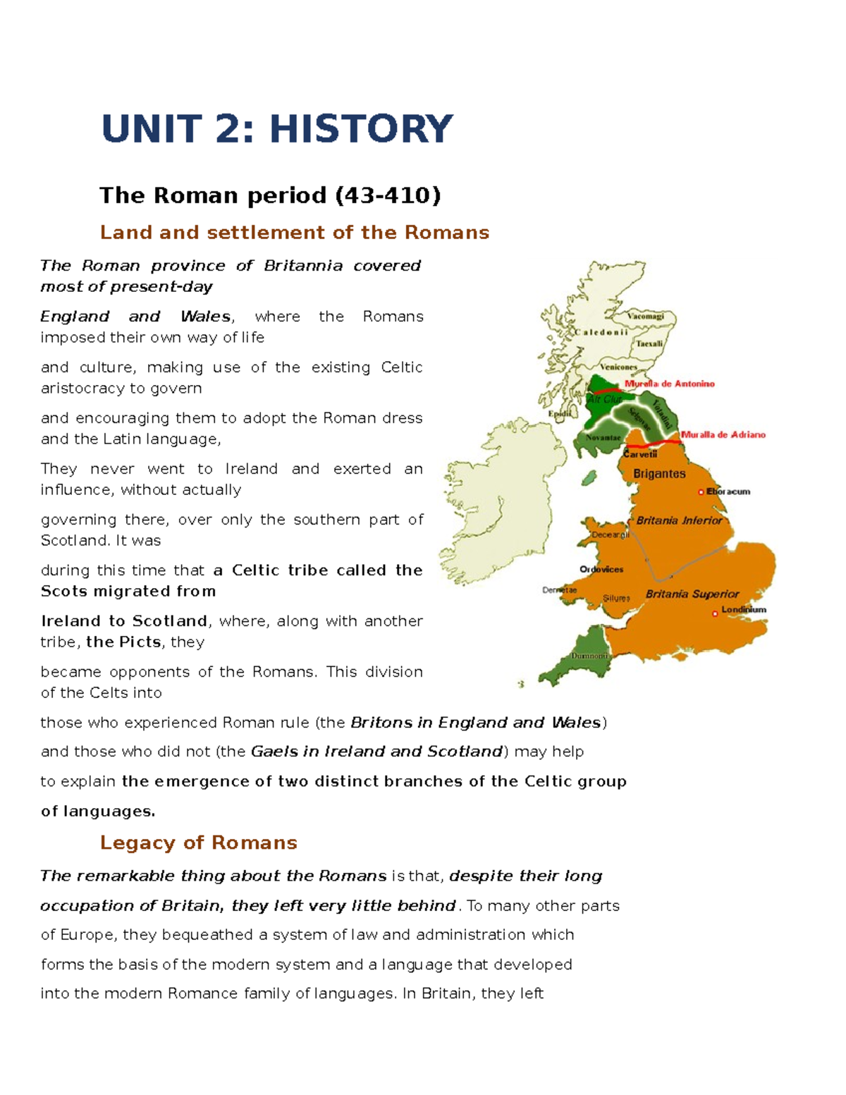 Unit 2 History - ;;;;;;;; - UNIT 2: HISTORY The Roman period (43-410 ...