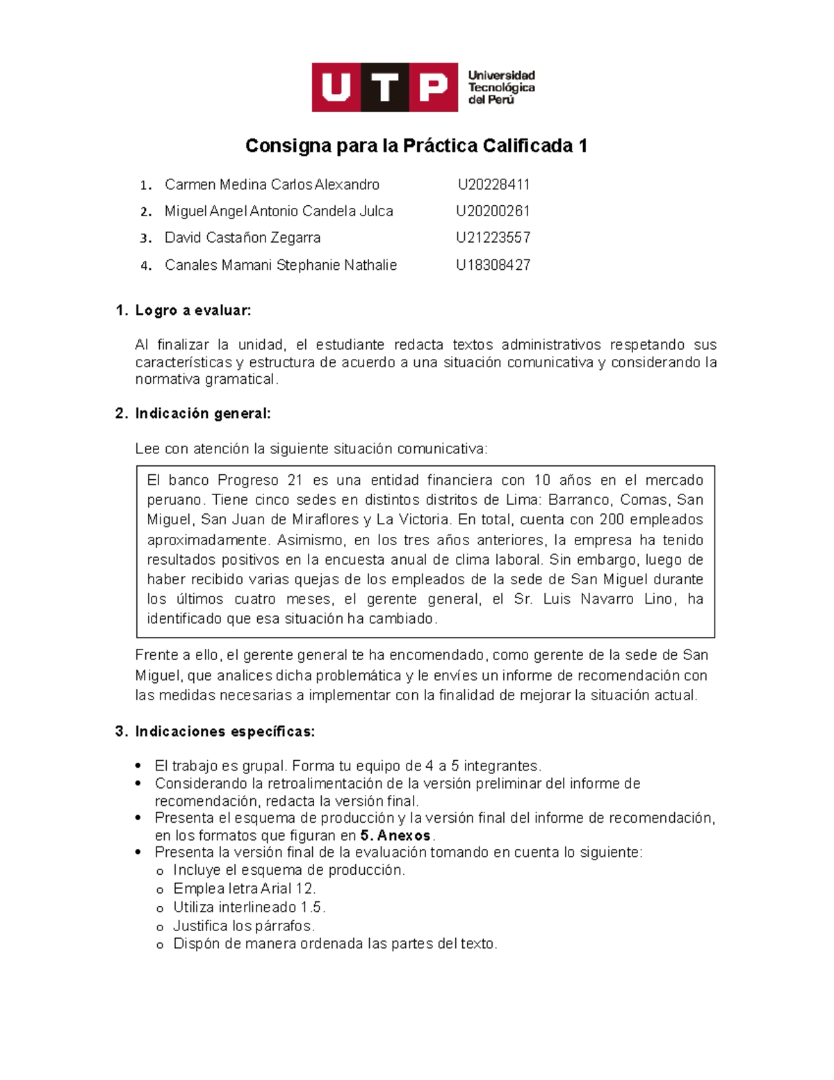 G3-GC N04I Consigna PC 1 21C2A semana 8 - Consigna para la Práctica Calificada 1 1. Carmen ...