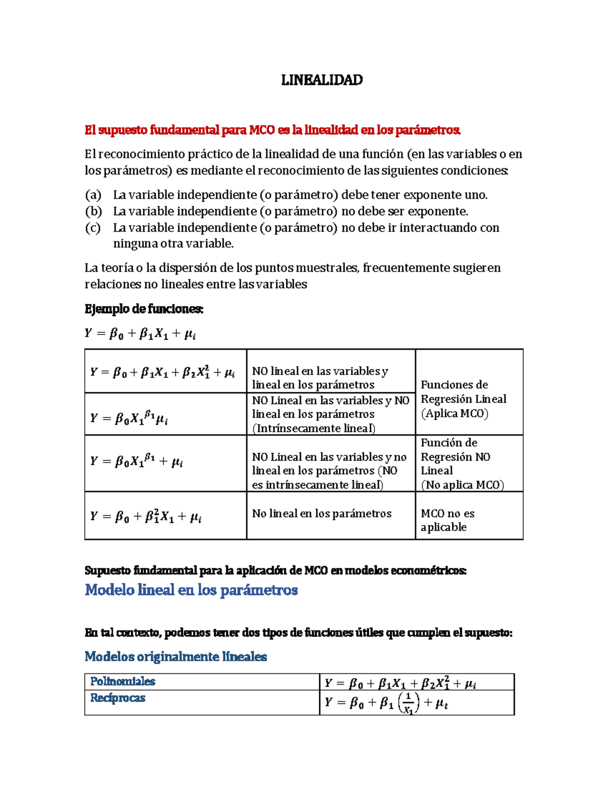 Linealidad EN Parámetros - LINEALIDAD El supuesto fundamental para MCO ...