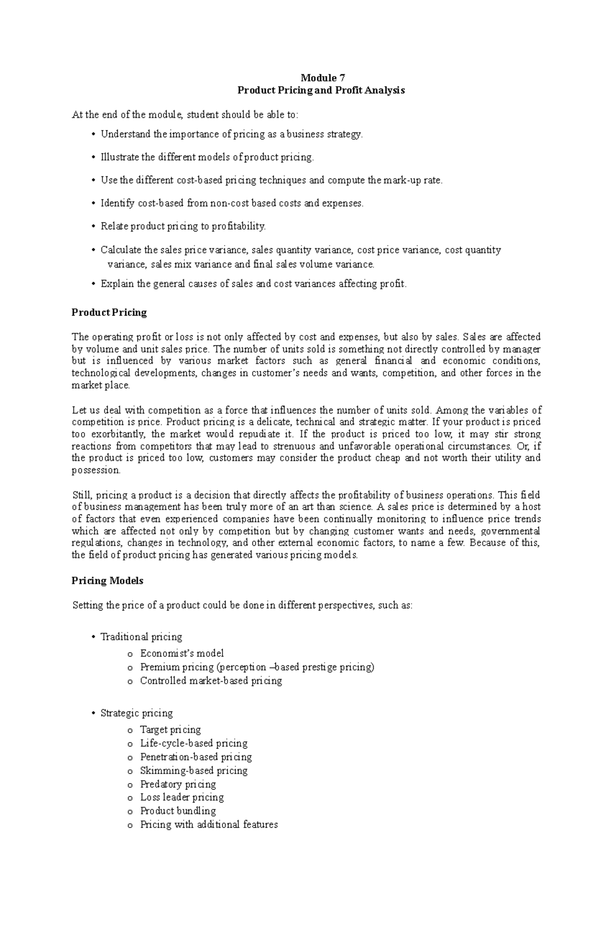 Product Pricing AND Profit Analysis - Module 7 Product Pricing and ...