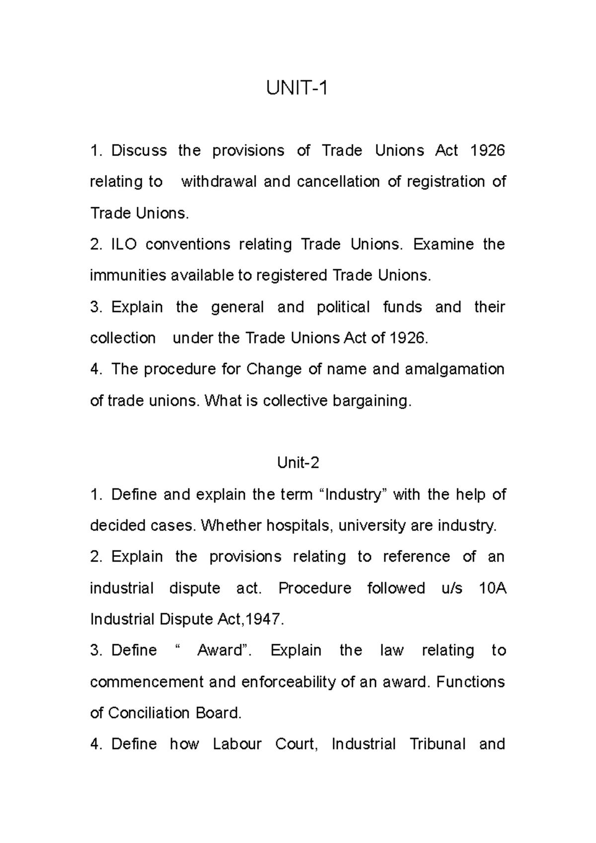 Labour Law Important questions - UNIT- Discuss the provisions of Trade ...