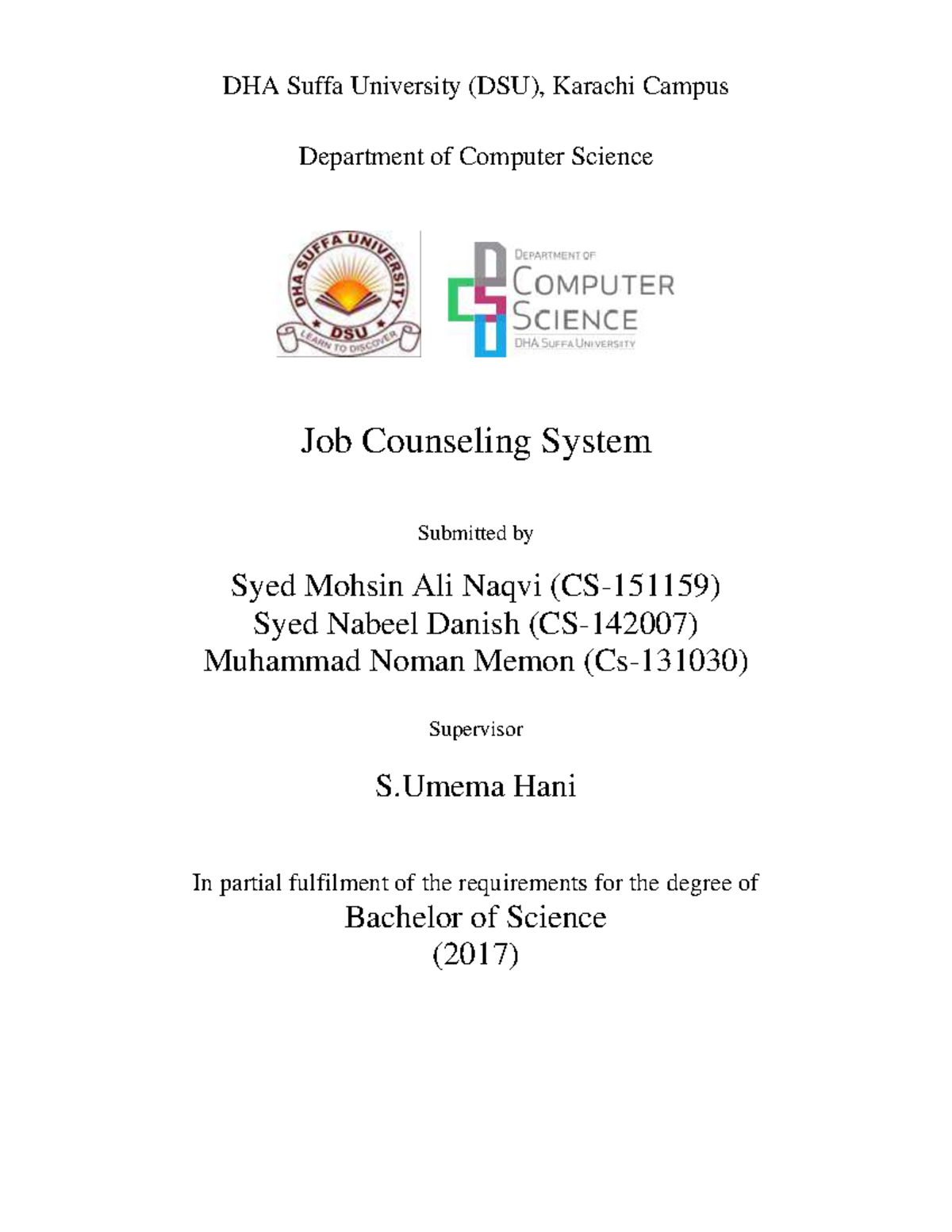 Final Year Project Report compressed - DHA Suffa University (DSU), Karachi Campus Department of ...