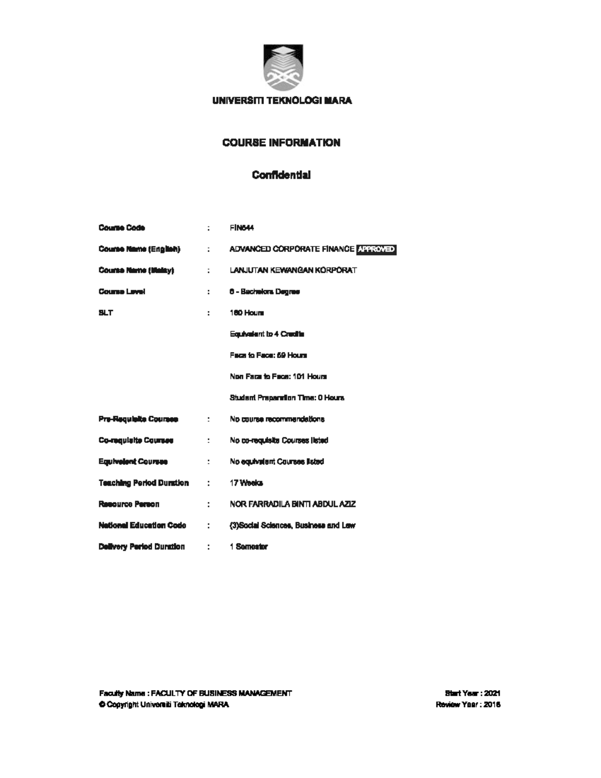 FIN544 Course Outline - financial corporate advance - Studocu