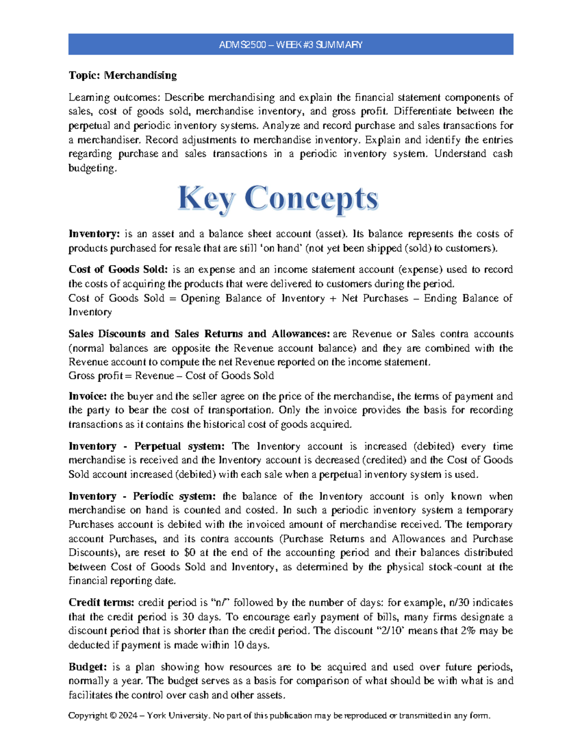 Weekly Summary for self study - Week 3a merchandising (rev F24) - Topic ...