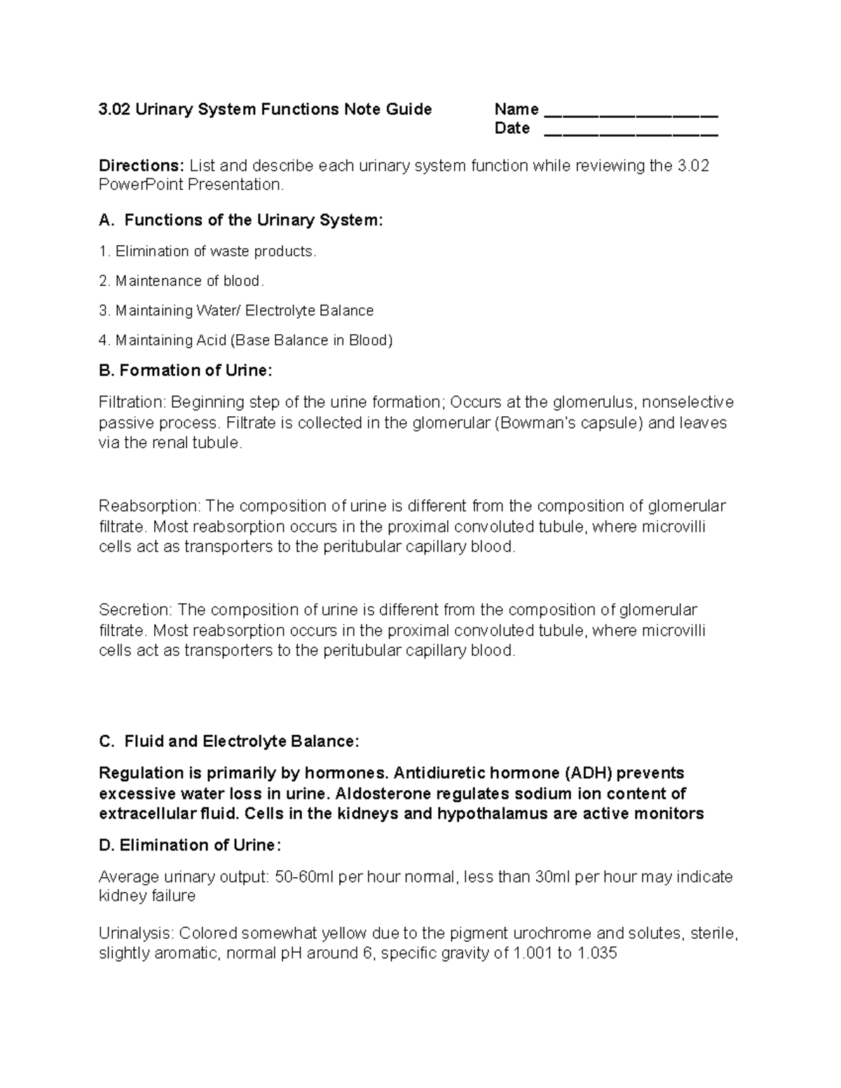 3.02 Urinary System Functions Note Guide - PowerPoint Presentation. A ...
