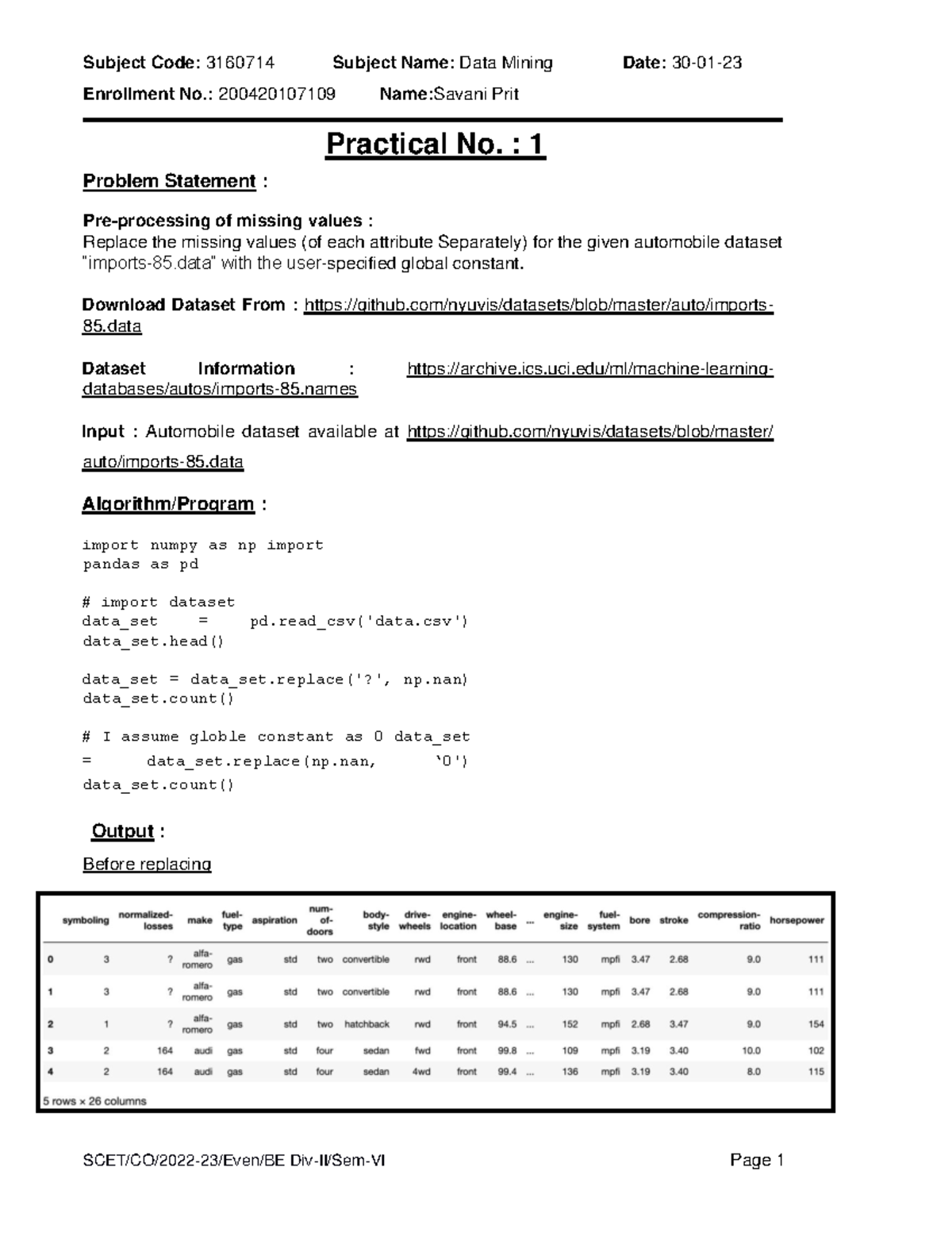 Data Mining Practical 1 Subject Code 3160714 Subject Name Data Mining Date 30 01