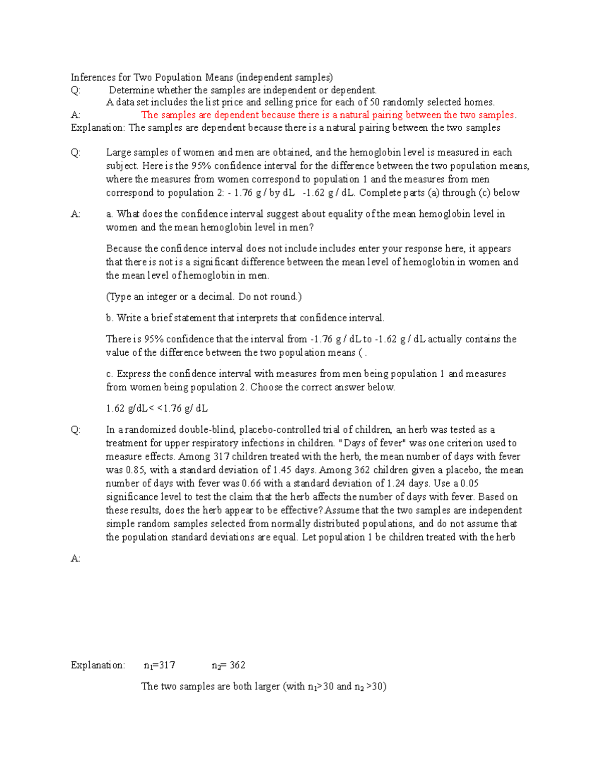 Inferences for Two Population Means - A data set includes the list ...