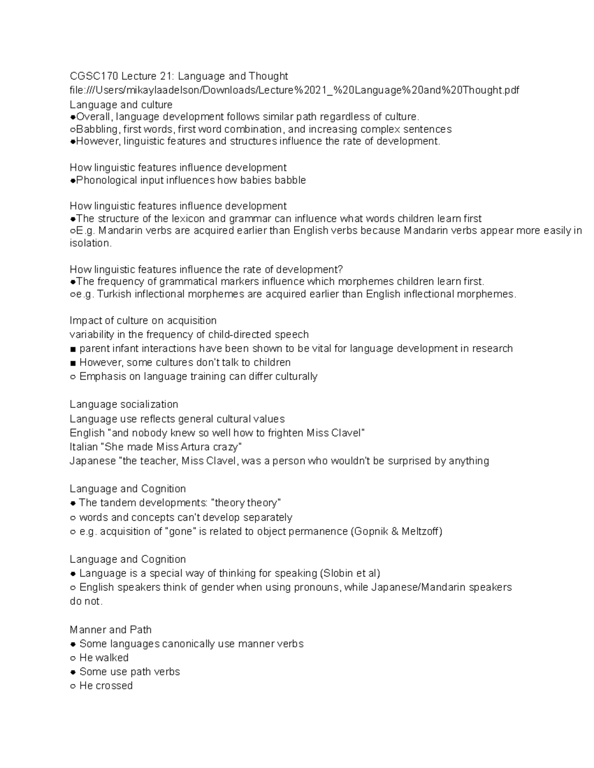 CGSC170 Lecture 21 Language and Thought - CGSC170 Lecture 21: Language ...