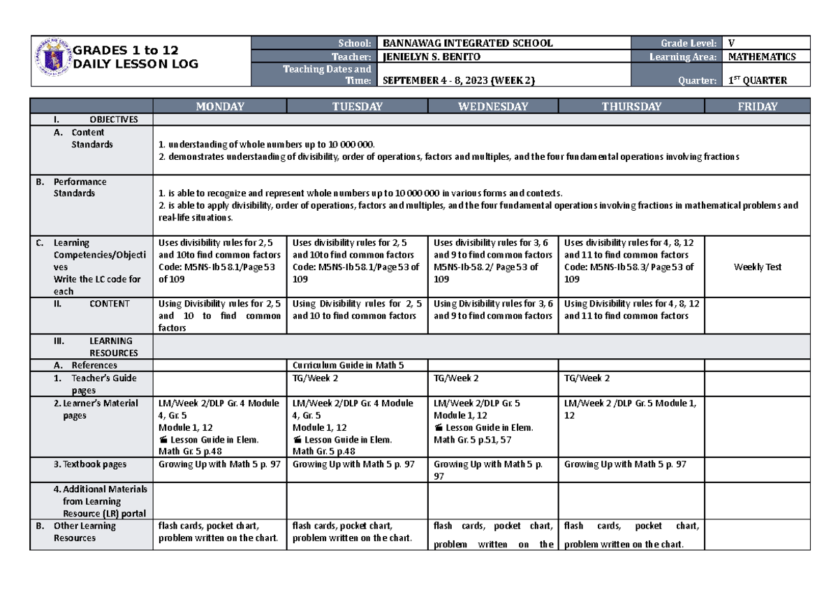DLL Mathematics 5 Q1 W2 - GRADES 1 to 12 DAILY LESSON LOG School: BANNAWAG INTEGRATED SCHOOL ...