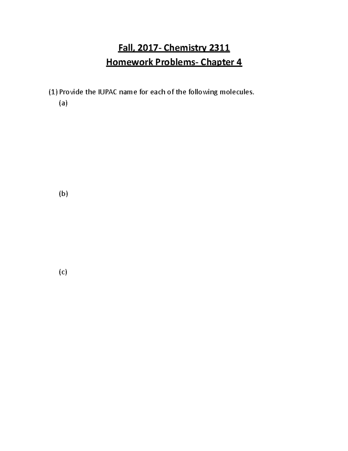 Homework Chapter 4 - Fall, 2017- Chemistry 2311 Homework Problems ...