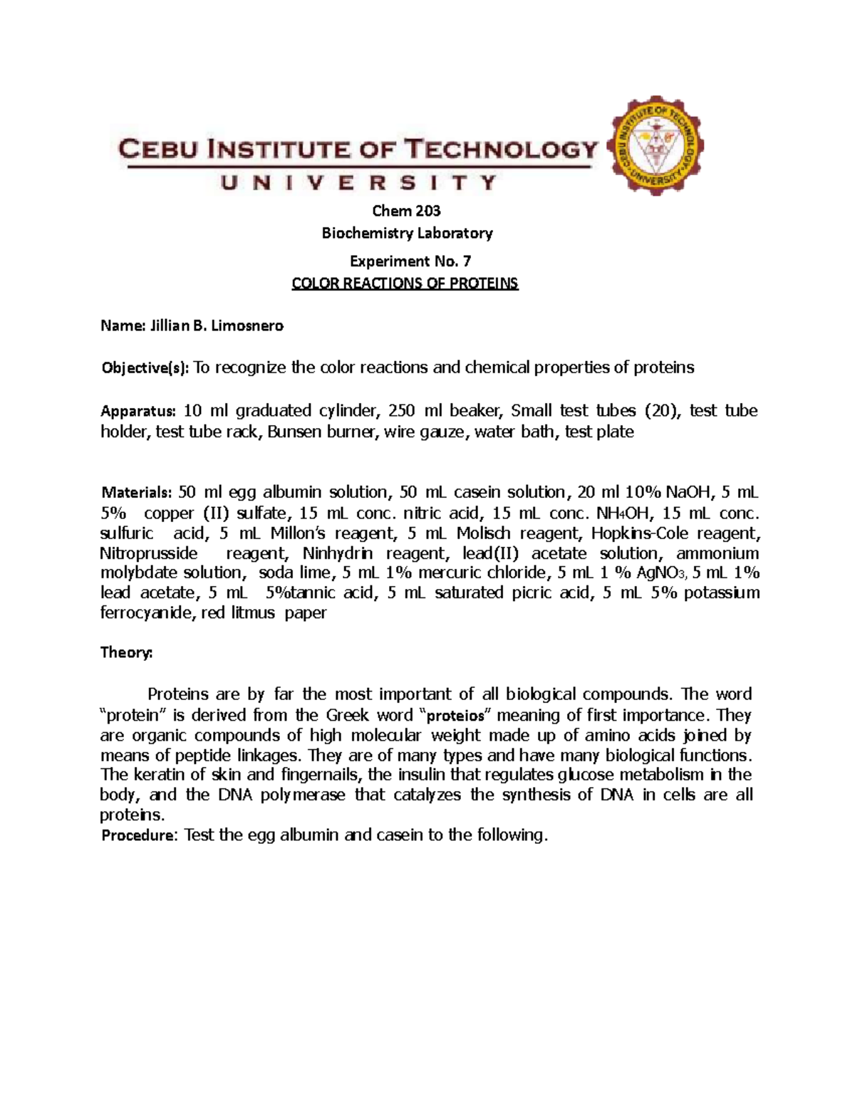 Expt7N8 Activity - Chem 203 Biochemistry Laboratory Experiment No. 7 ...