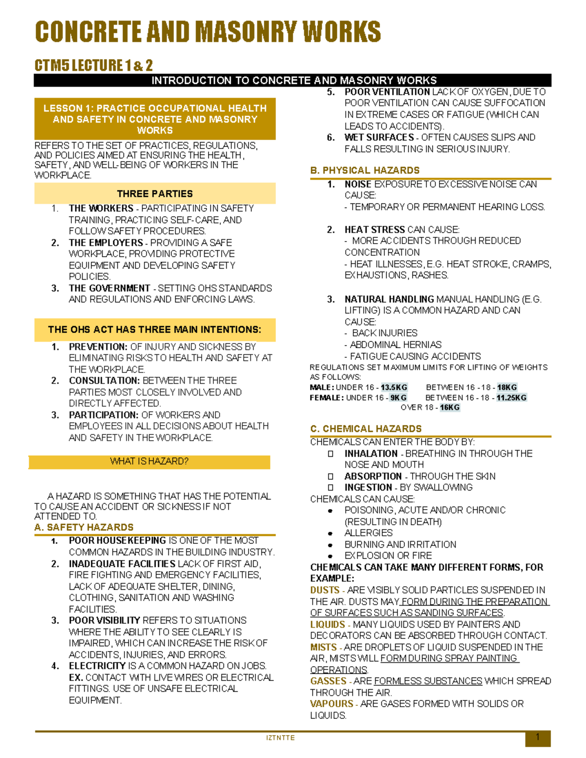 Concrete and Masonry works notes - CONCRETE AND MASONRY WORKS CTM5 ...