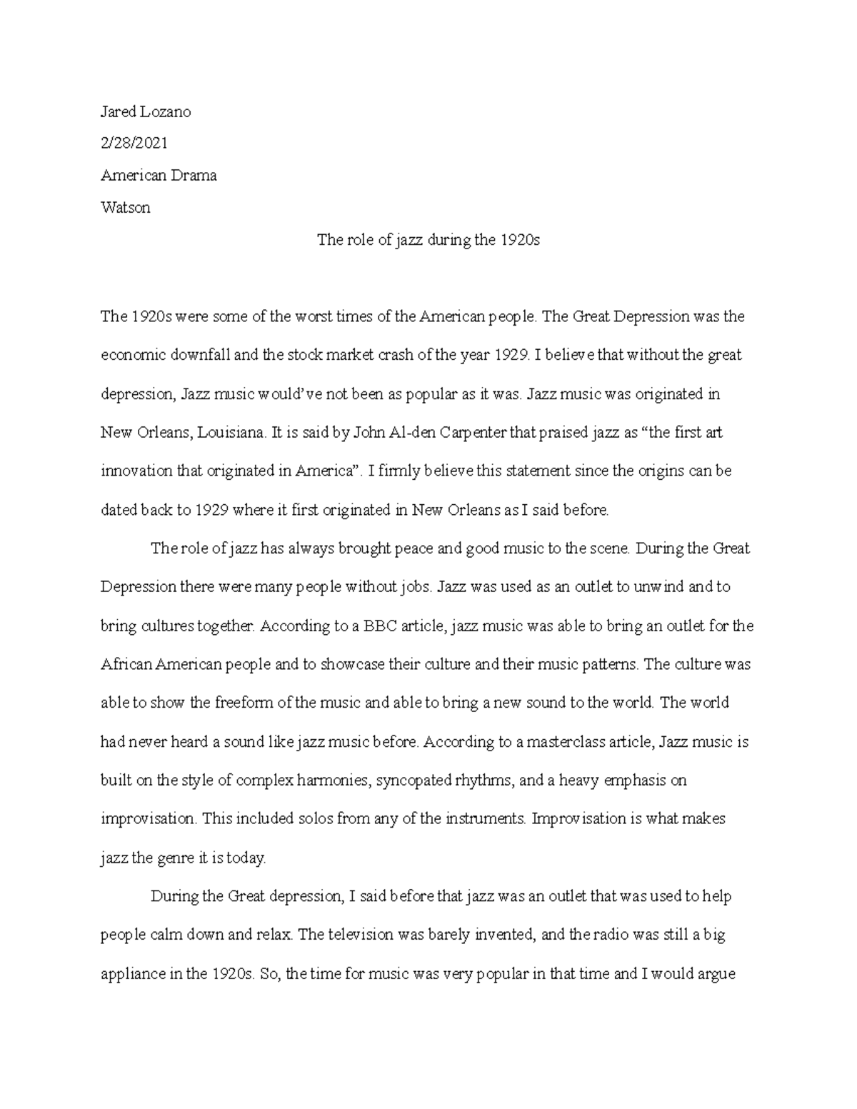 The role of jazz in the 1920s - Jared Lozano 2/28/ American Drama ...