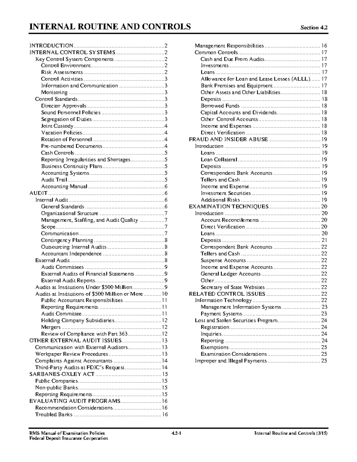 Treasury Internal Controls section 4-2 - RMS Manual of Examination ...