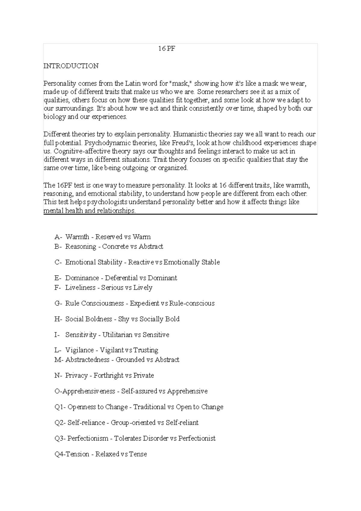 Lab crisp things - 16 PF INTRODUCTION Personality comes from the Latin word for "mask," - Studocu