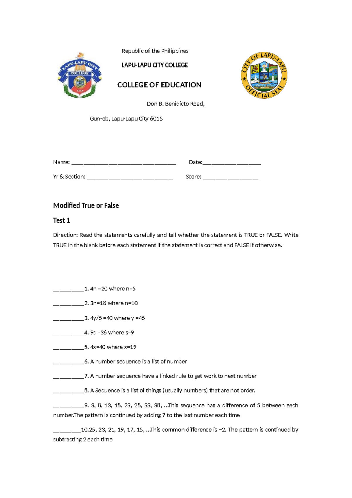 TQ - Test Questionnaire - Republic of the Philippines LAPU-LAPU CITY ...