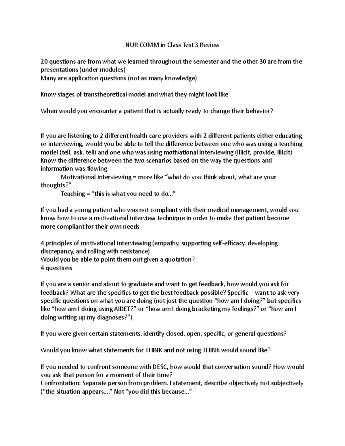 NUR COMM in Class Test 3 Review - NUR COMM in Class Test 3 Review 20 ...