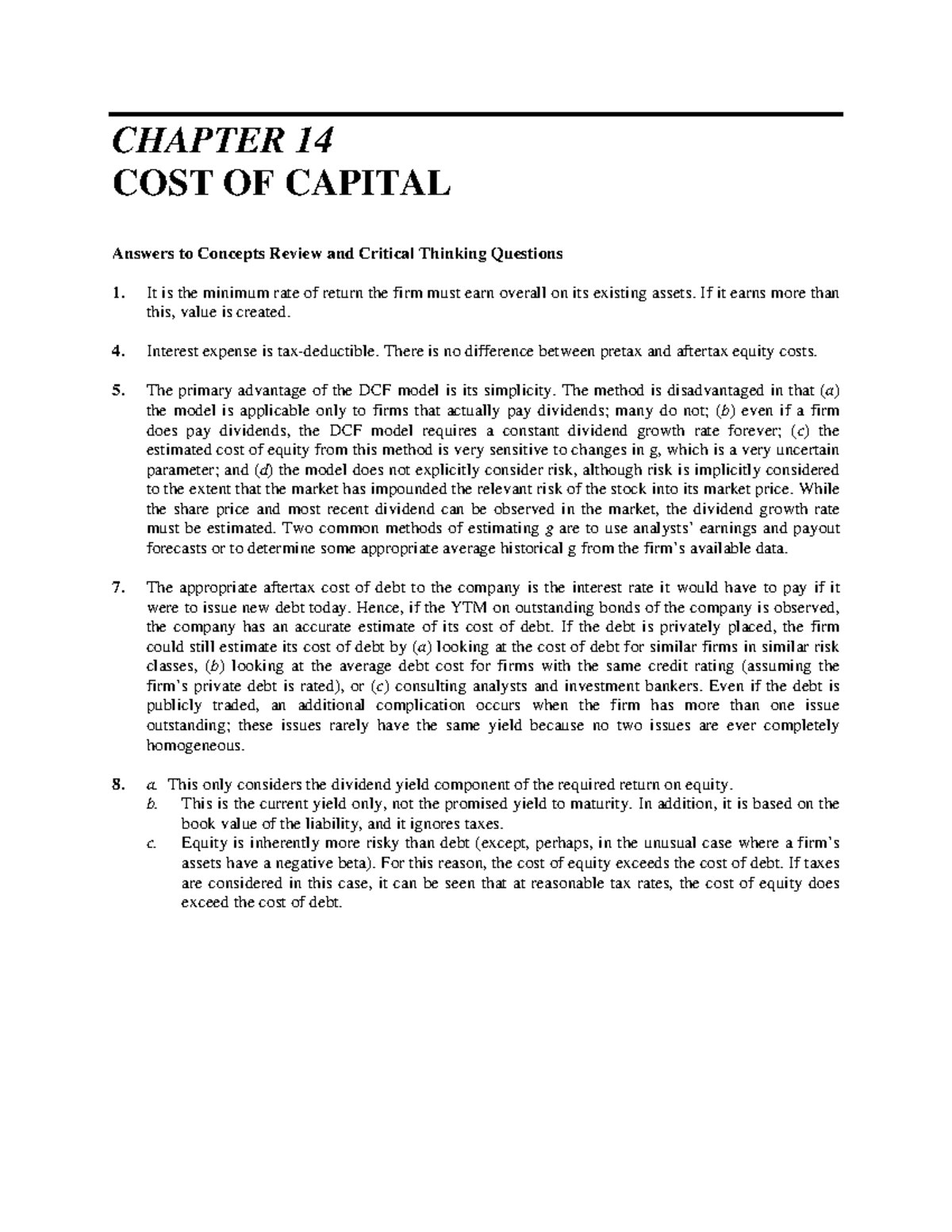 Chapter 14 COST OF Capital - CHAPTER 14 COST OF CAPITAL Answers to Concepts Review and Critical ...