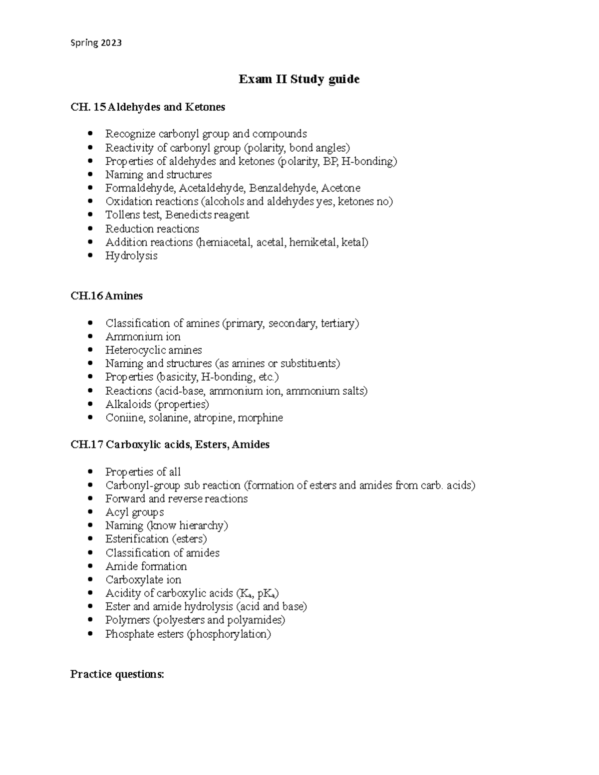Chemistry Study guide 2 - Exam II Study guide CH. 15 Aldehydes and ...