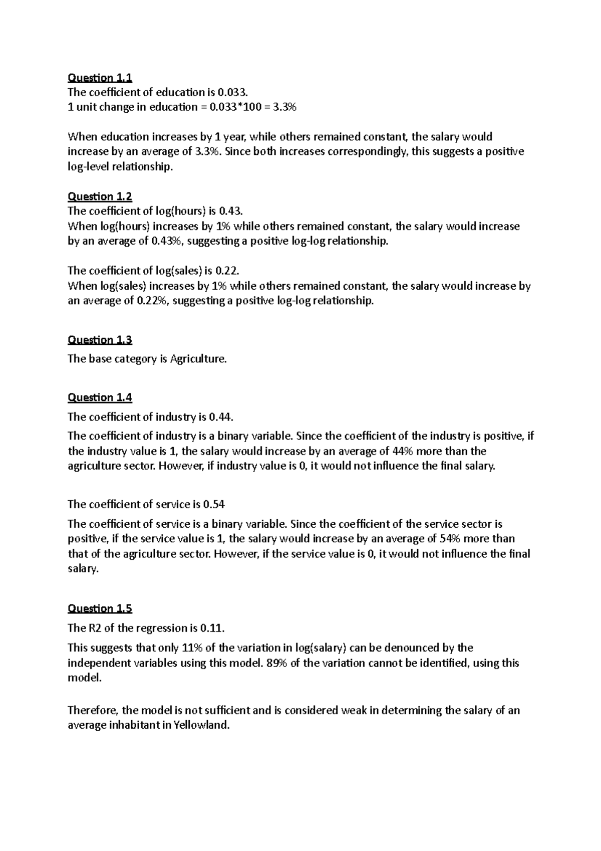 ECON1272 Assessment Task 1, Individual Assignment - Question 1. The coefficient of education is ...