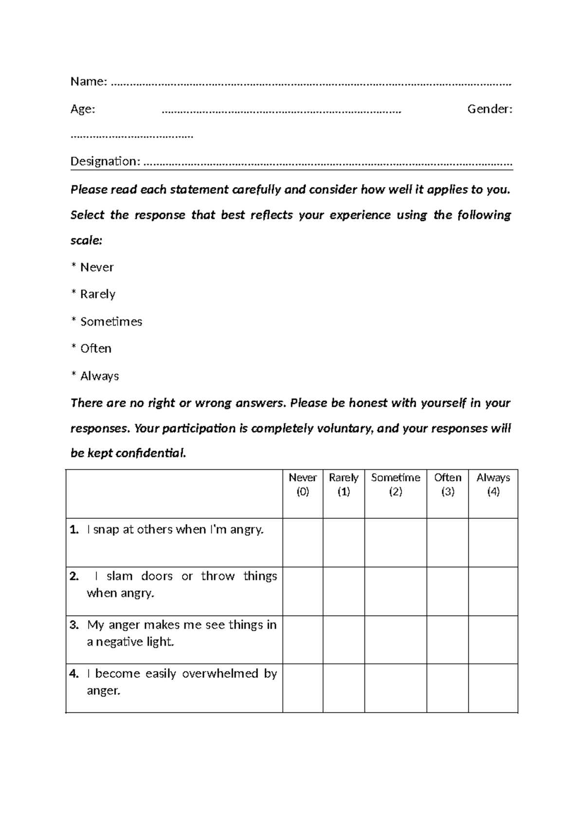 Anger questionnaire - Name: - Studocu
