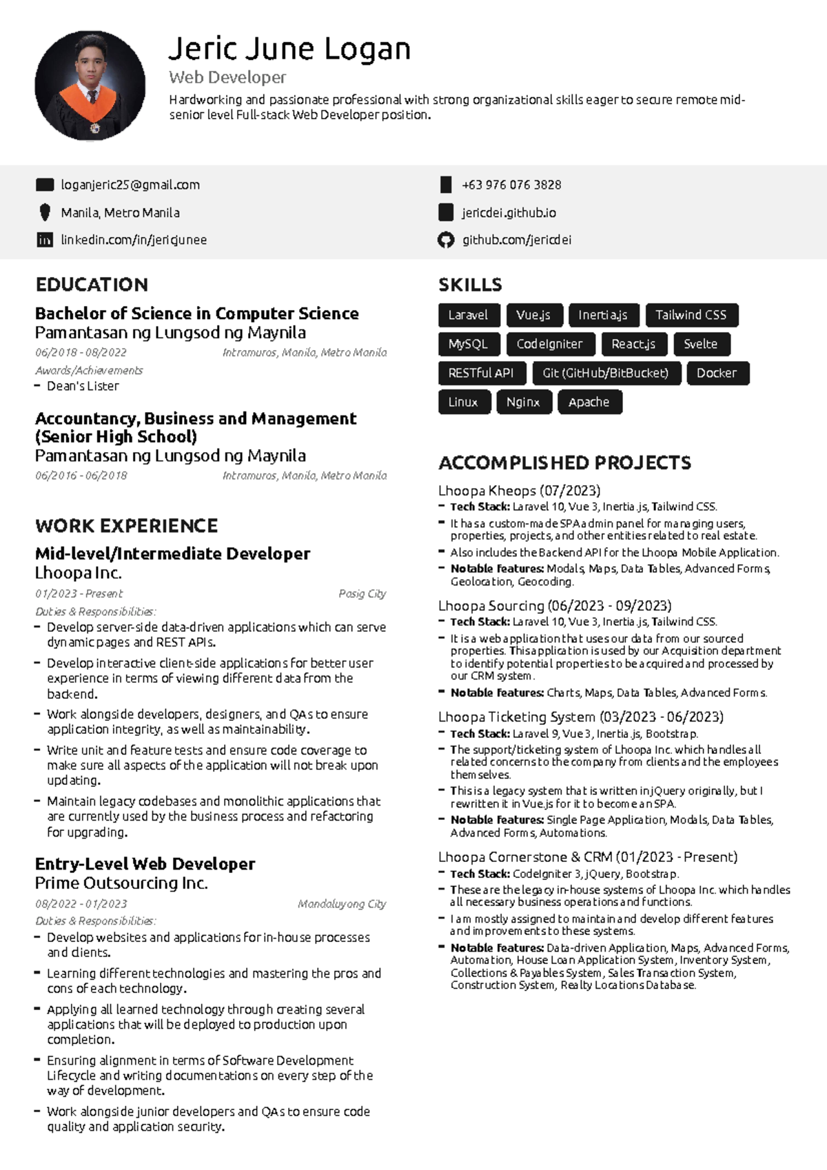 Jeric's Resume - aaa - Jeric June Logan Web Developer Hardworking and passionate professional ...