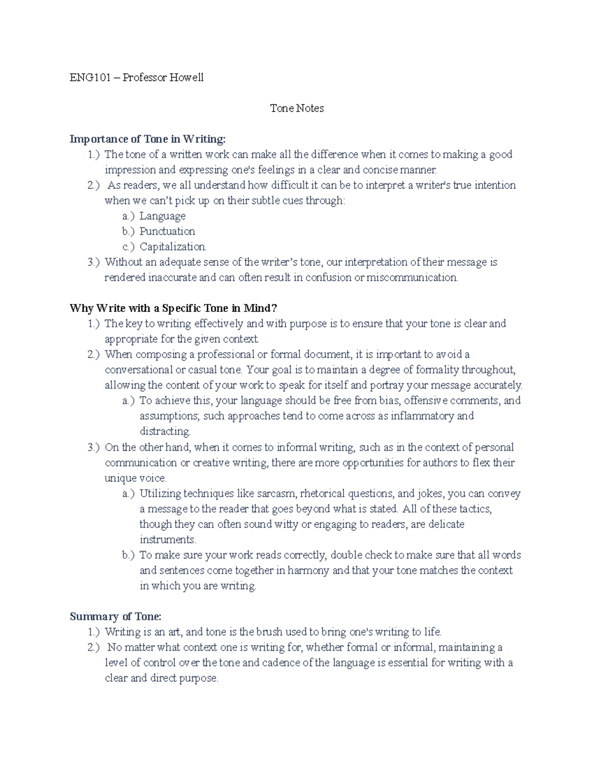 ENG101 - T0ne notes - ENG101 – Professor Howell Tone Notes Importance ...
