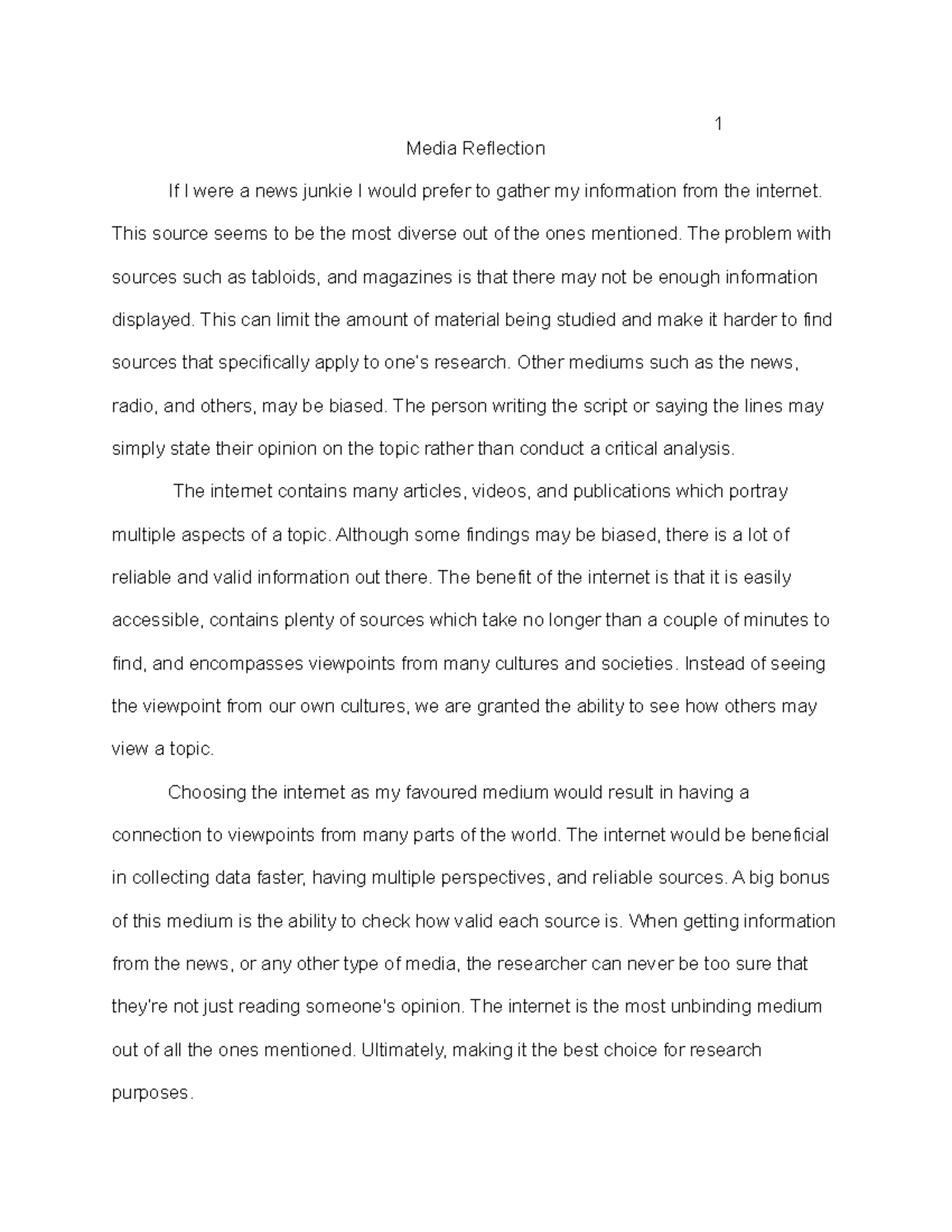 Week 9 Assignment - Dr. Sarah Duni - 1 Media Reflection If I were a ...