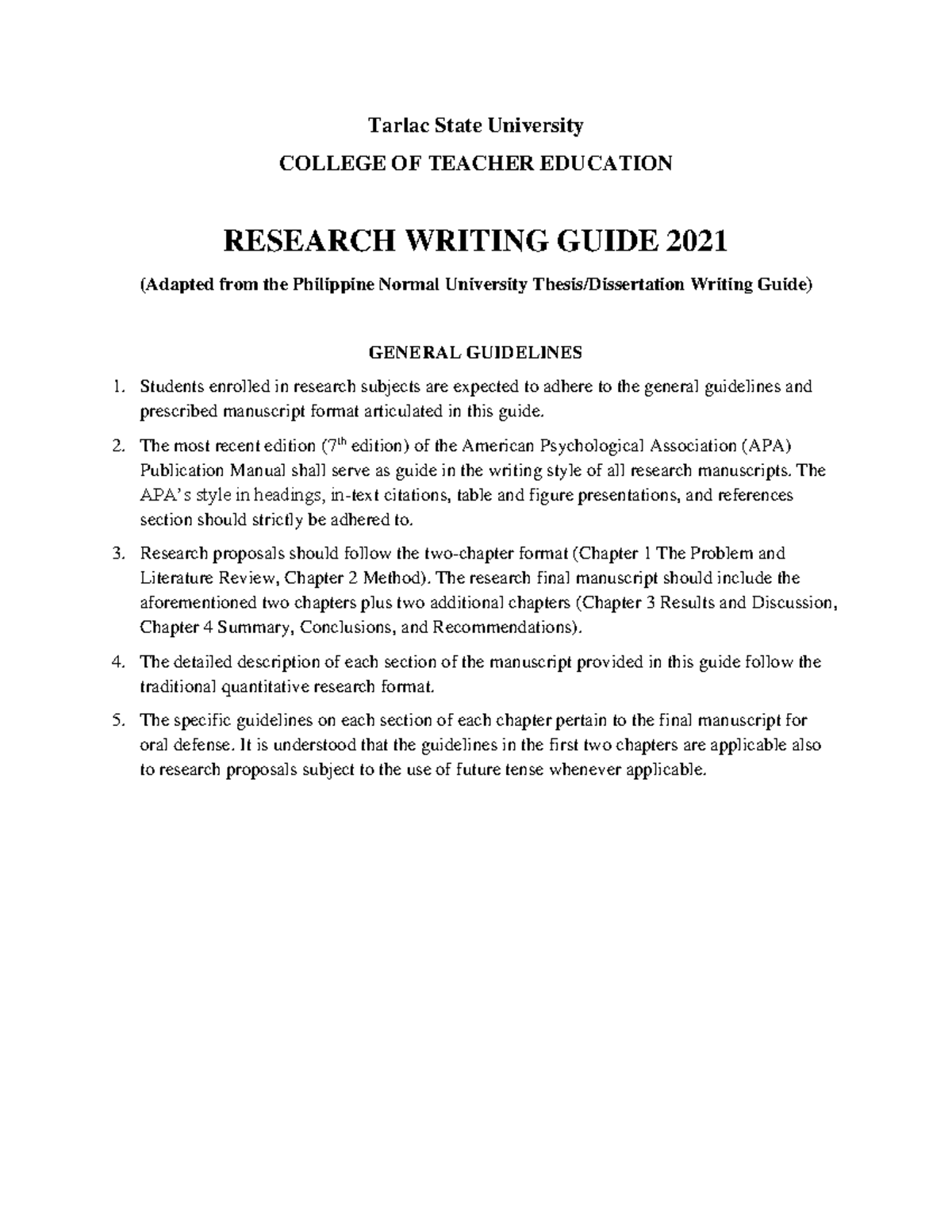 Research Writing Guide 2021 - Tarlac State University COLLEGE OF ...