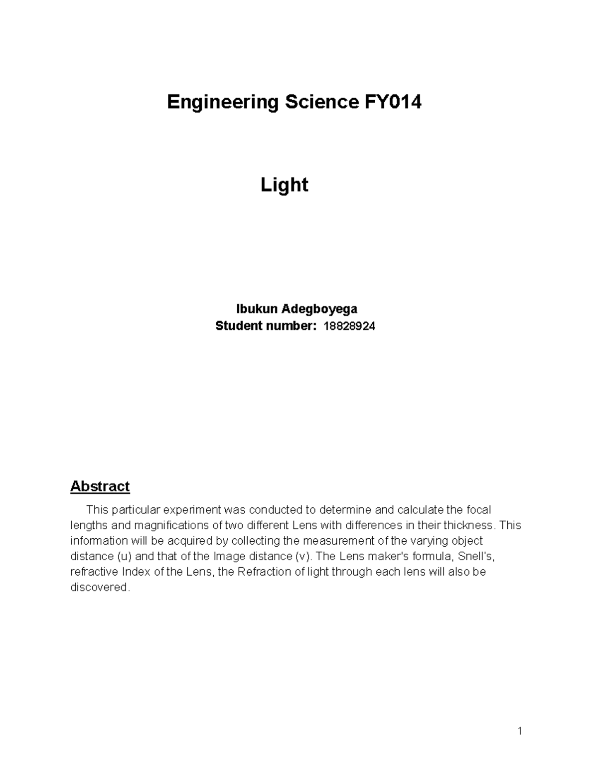 LIght Lab Report - Engineering Science FY Light Ibukun Adegboyega ...