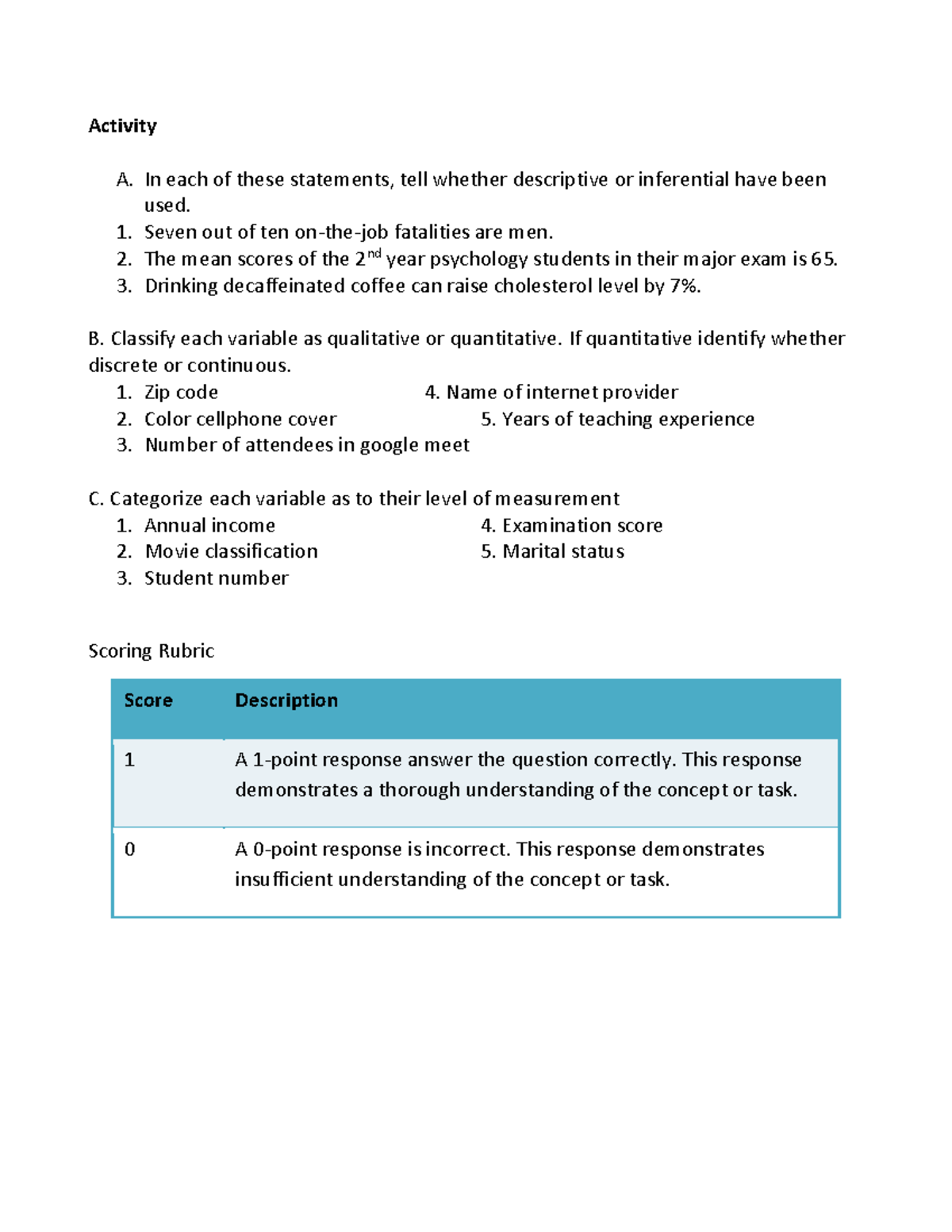 Activity - Chapter 1 - Statistic - Activity A. In each of these ...