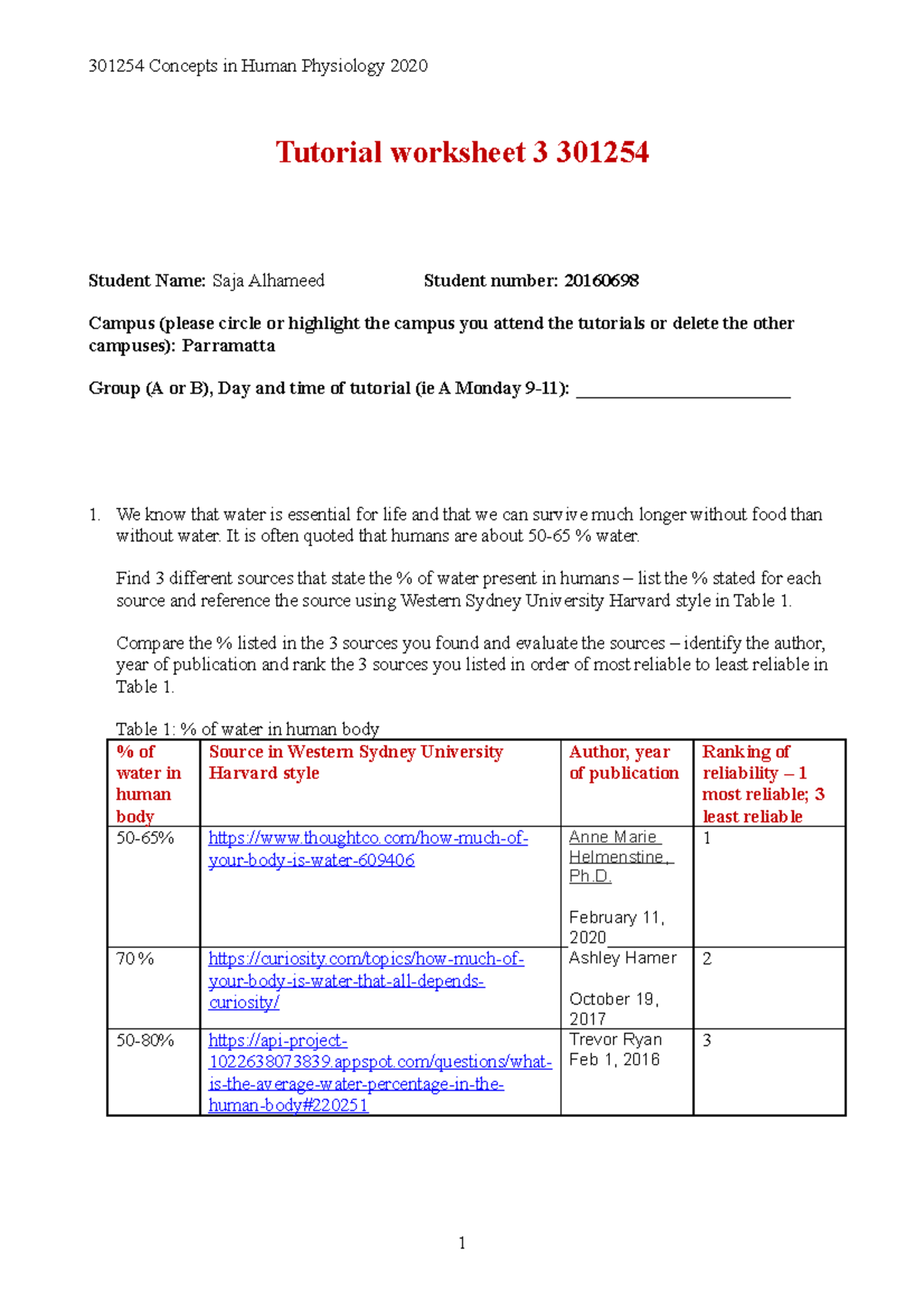 301254 Tutorial worksheet 3 2020(1) concept in human physiology ...