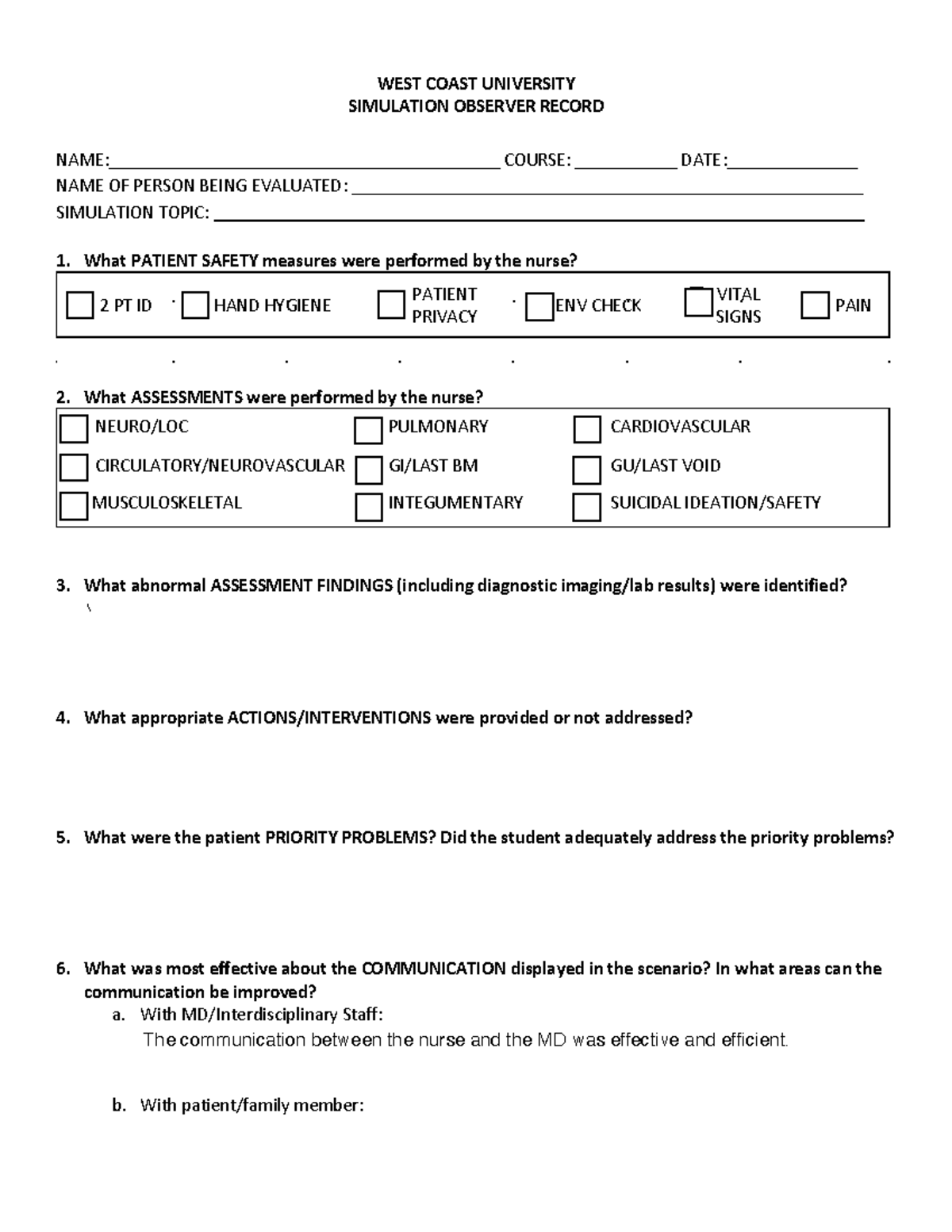 Simulation Observer Record - WEST COAST UNIVERSITY SIMULATION OBSERVER ...
