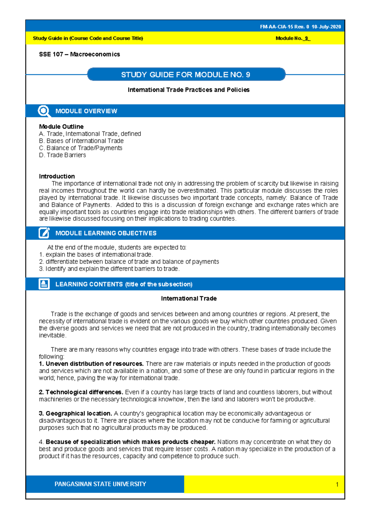 SSE 107 Macroeconomics SG 9 - STUDY GUIDE FOR MODULE NO. 9 Study Guide in (Course Code and ...