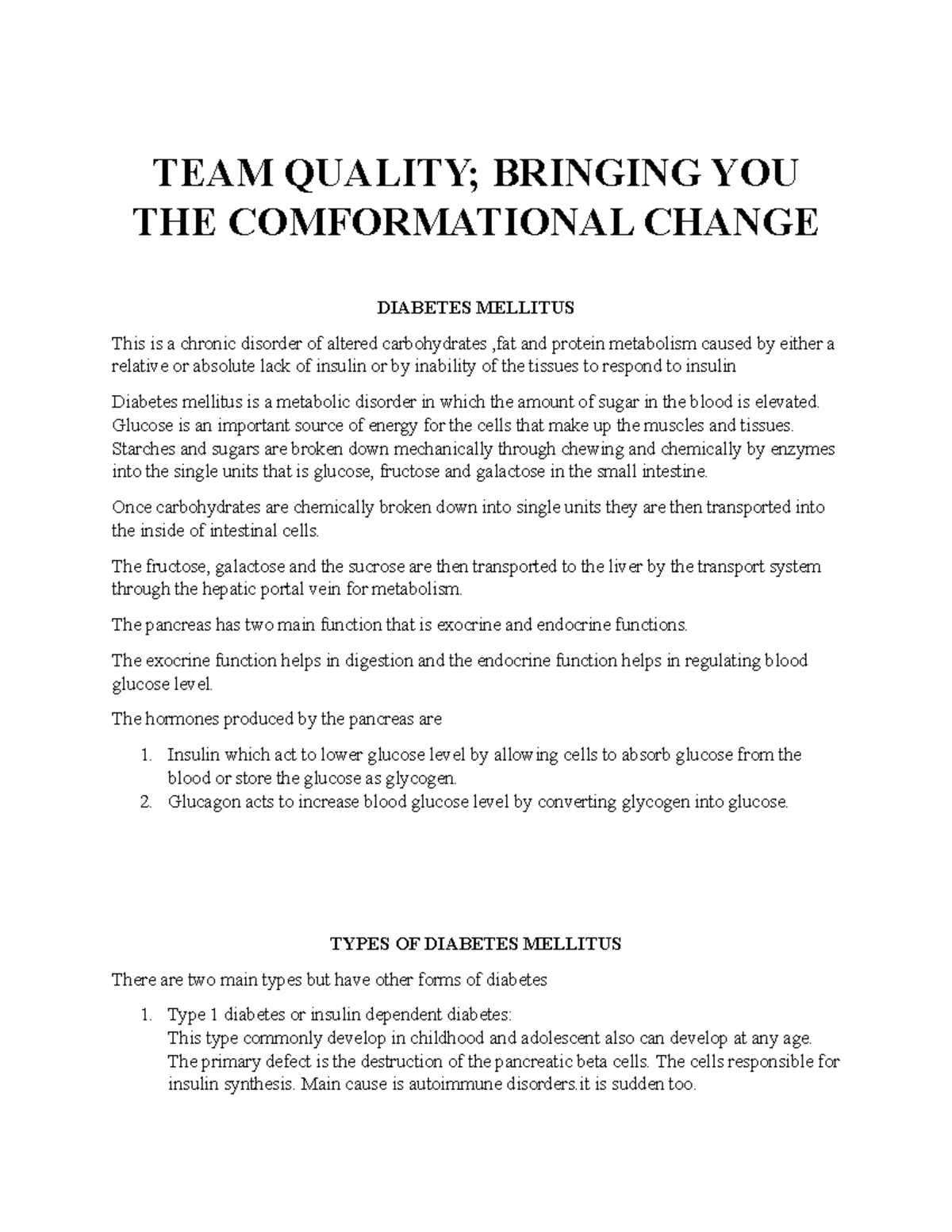 TEAM Quality, Diabetes Mellitus - TEAM QUALITY; BRINGING YOU THE ...