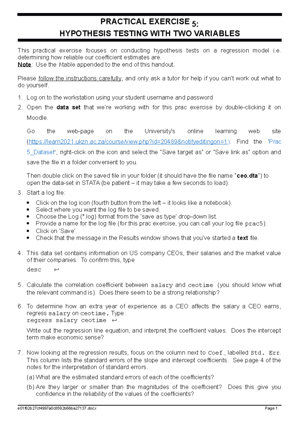 Prac 5 - Hypoth testing with two var - Econ314 - UKZN - Studocu