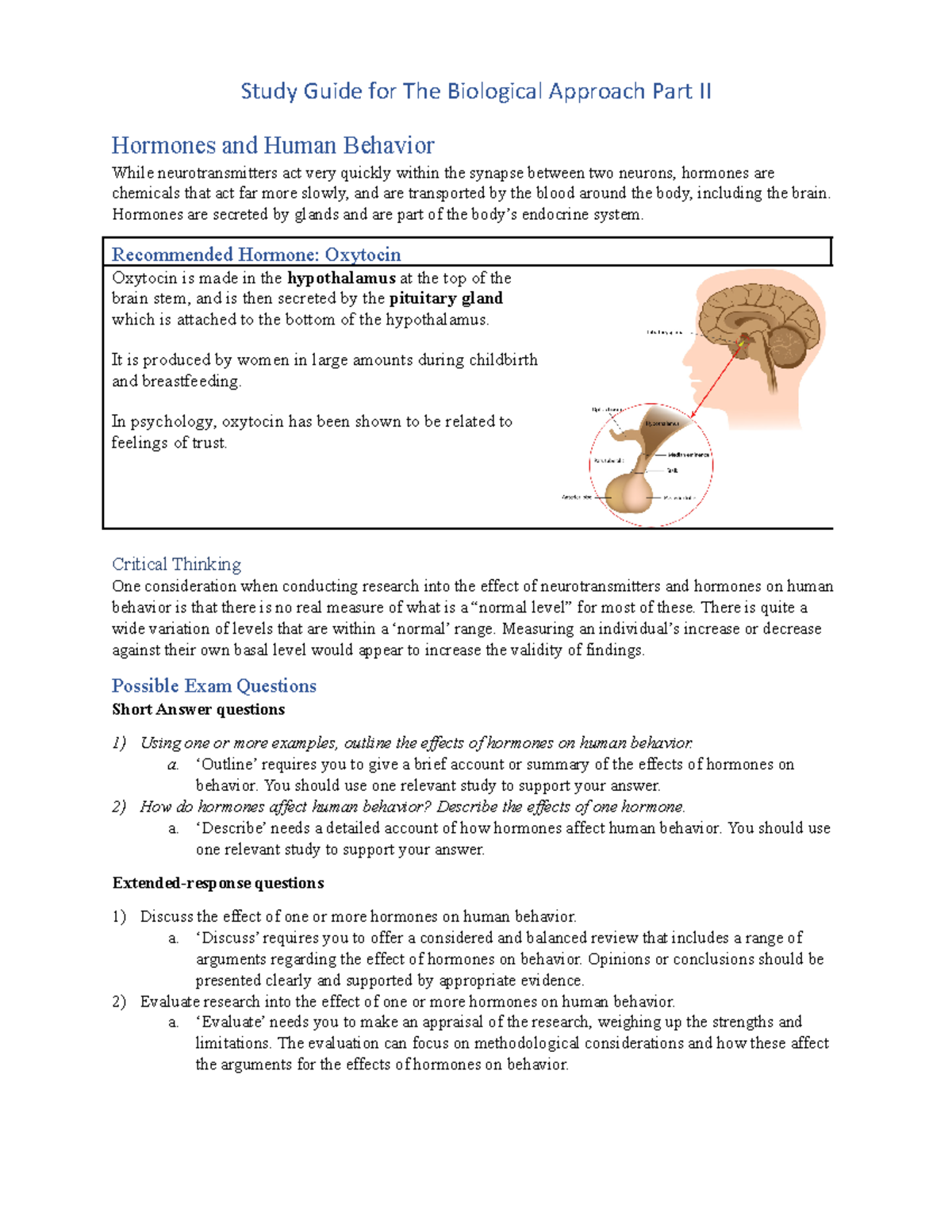 Biological Approach Study Guide Part 2-2 - Hormones and Human Behavior ...