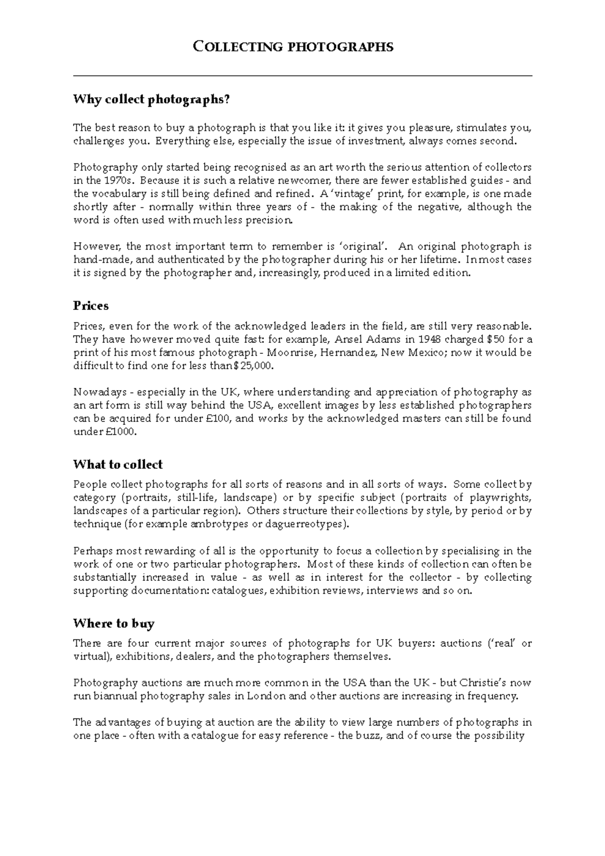 Collecting photography - C OLLECTING PHOTOGRAPHS Why collect ...