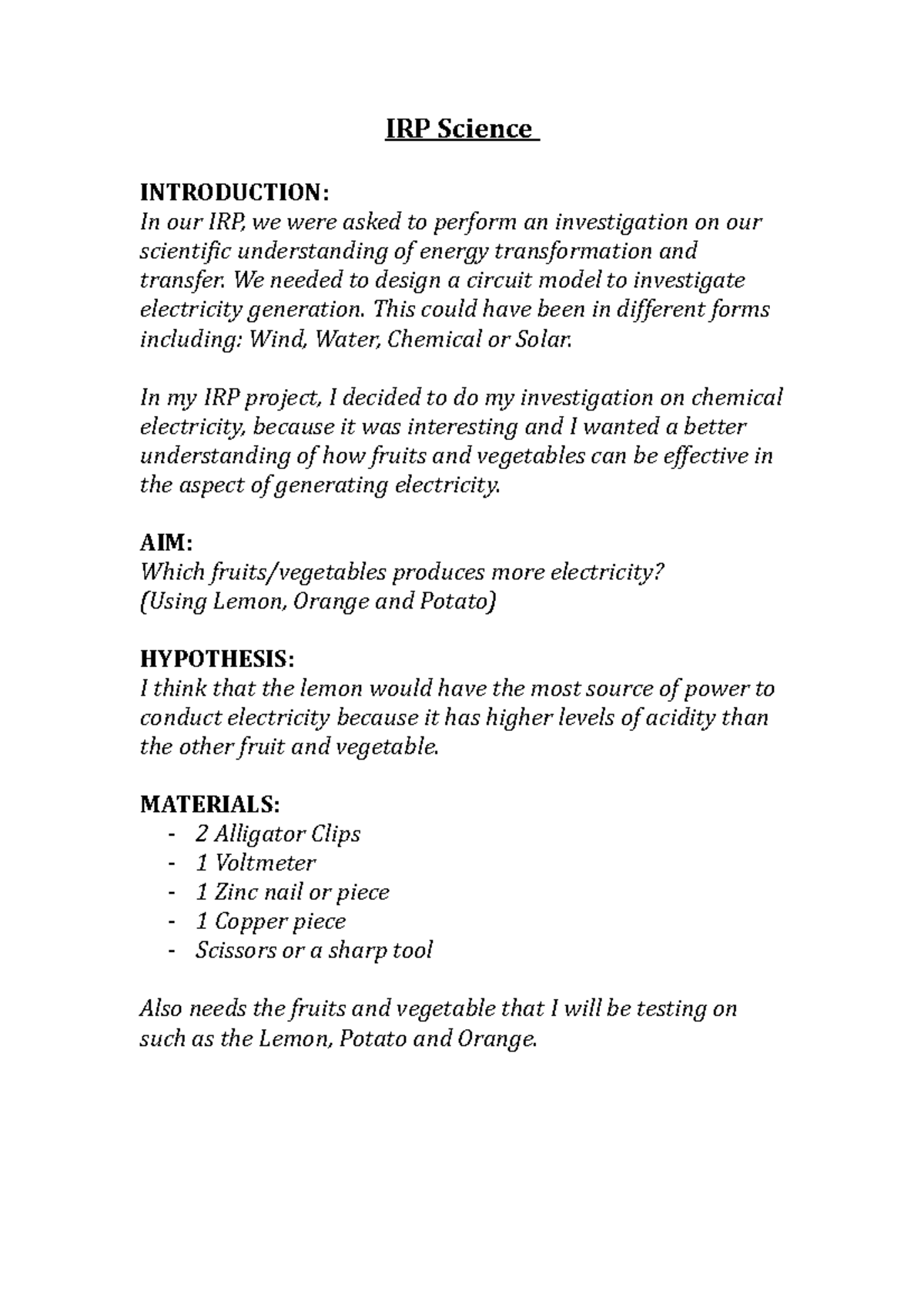 IRP Science Assignment Example - Year 9 - IRP Science INTRODUCTION: In ...