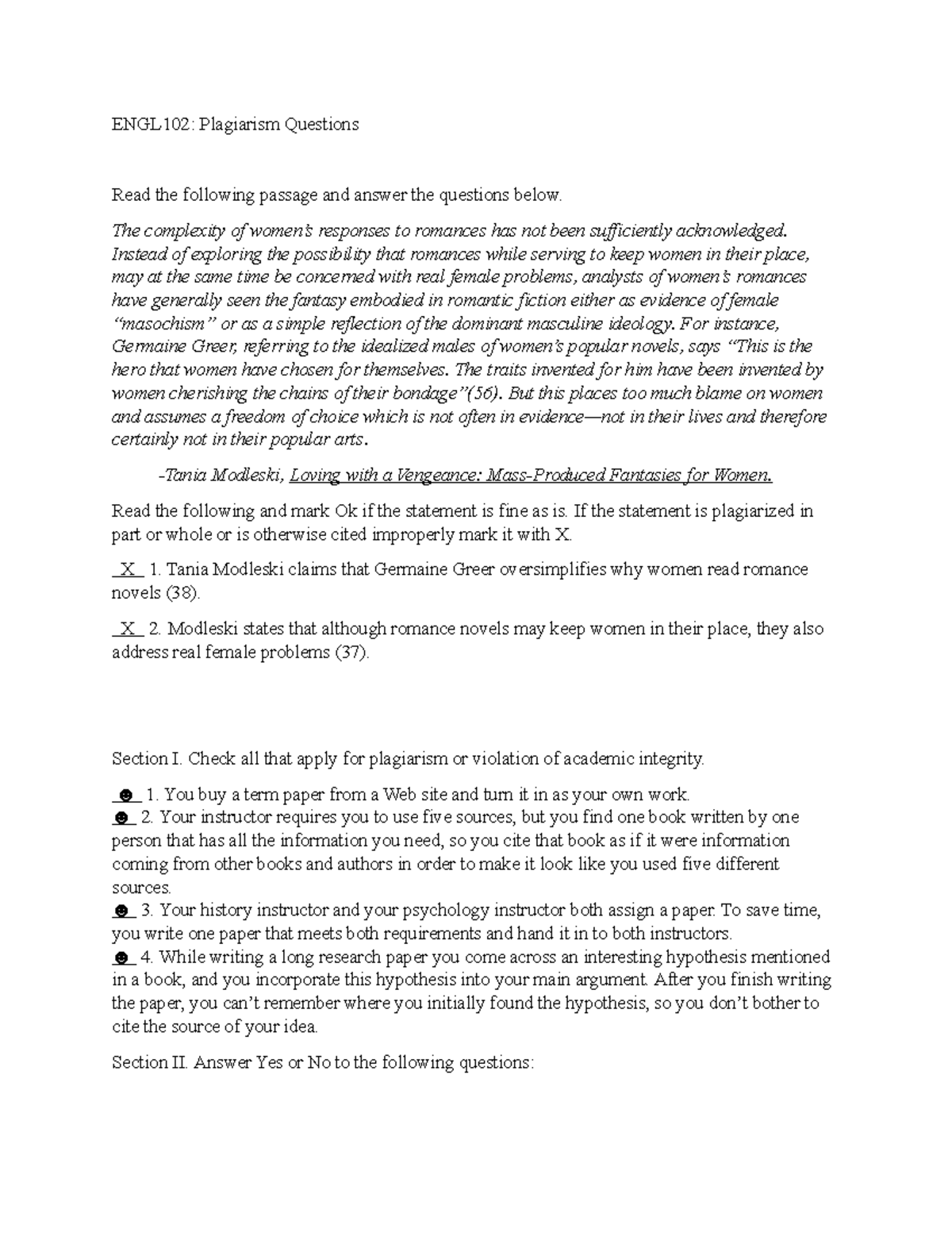 Handout on Plagiarism Assignment - ENGL102: Plagiarism Questions Read ...