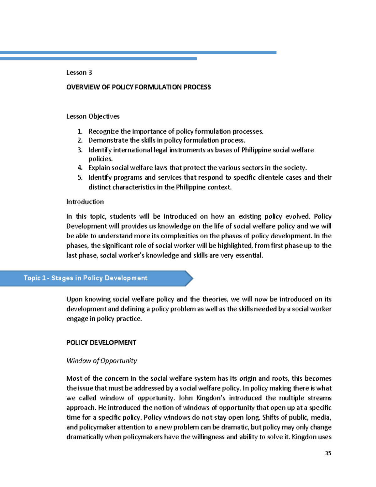 Overview OF Policy Formulation Process - Lesson 3 OVERVIEW OF POLICY ...