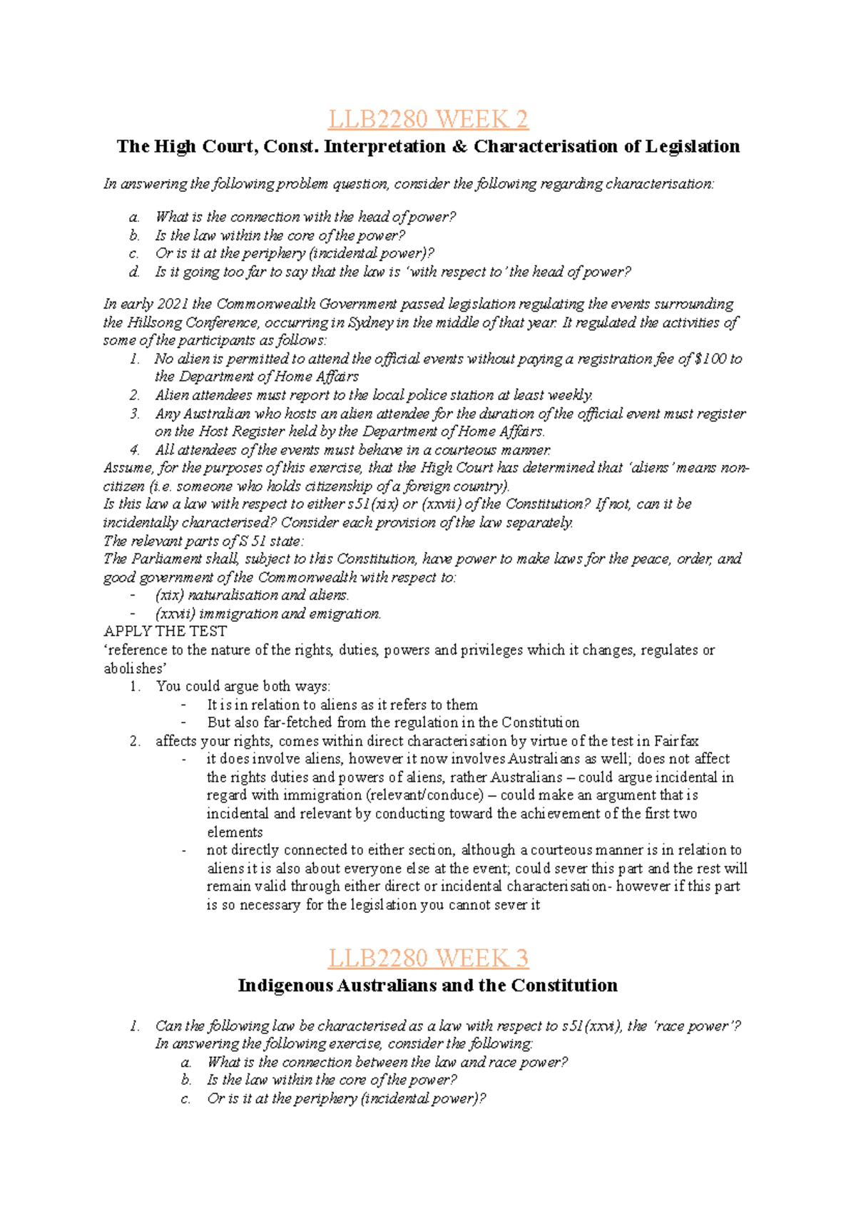 LLB2280 Problem Questions - LLB2280 WEEK 2 The High Court, Const. Interpretation & - Studocu