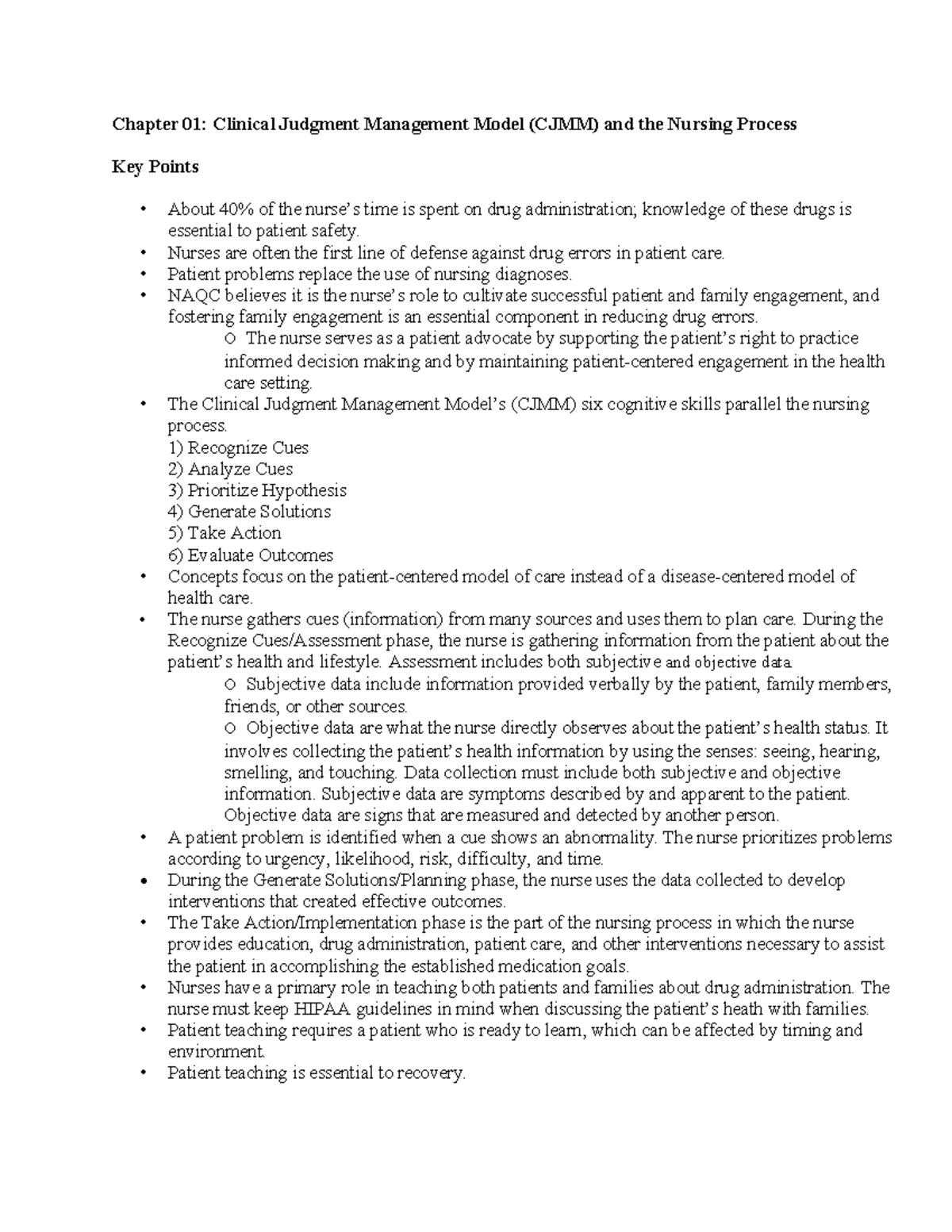 Week 1 key points - Chapters 1,2,3,5,6,7,9 - Chapter 01: Clinical ...