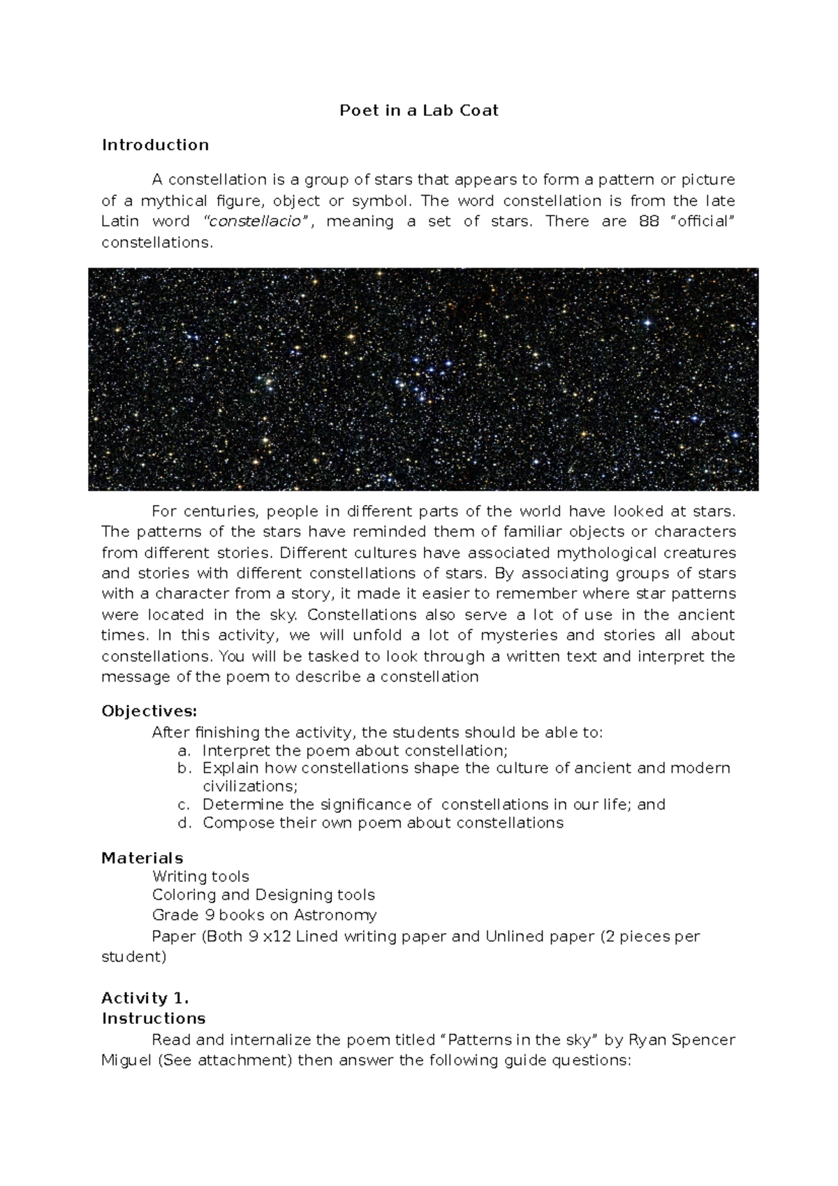 Article - Poet in a Lab Coat Introduction A constellation is a group of ...